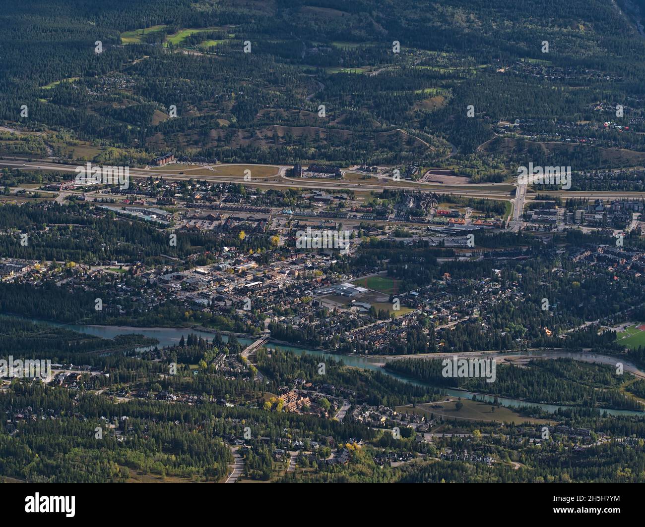 Aerial view of Canmore downtown located in Bow Valley in Alberta ...