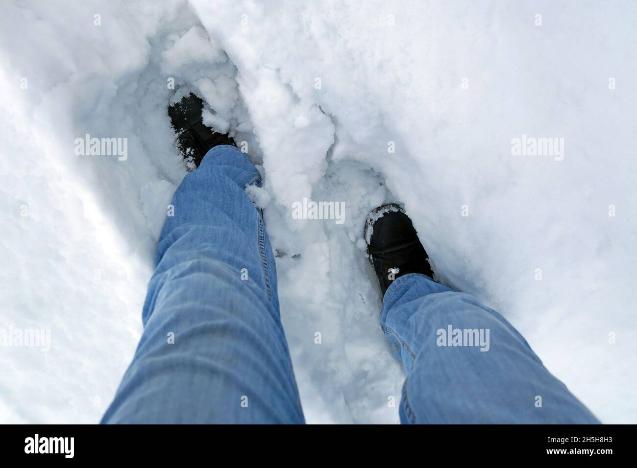Human Legs in the Deep Snow closeup Stock Photo - Alamy