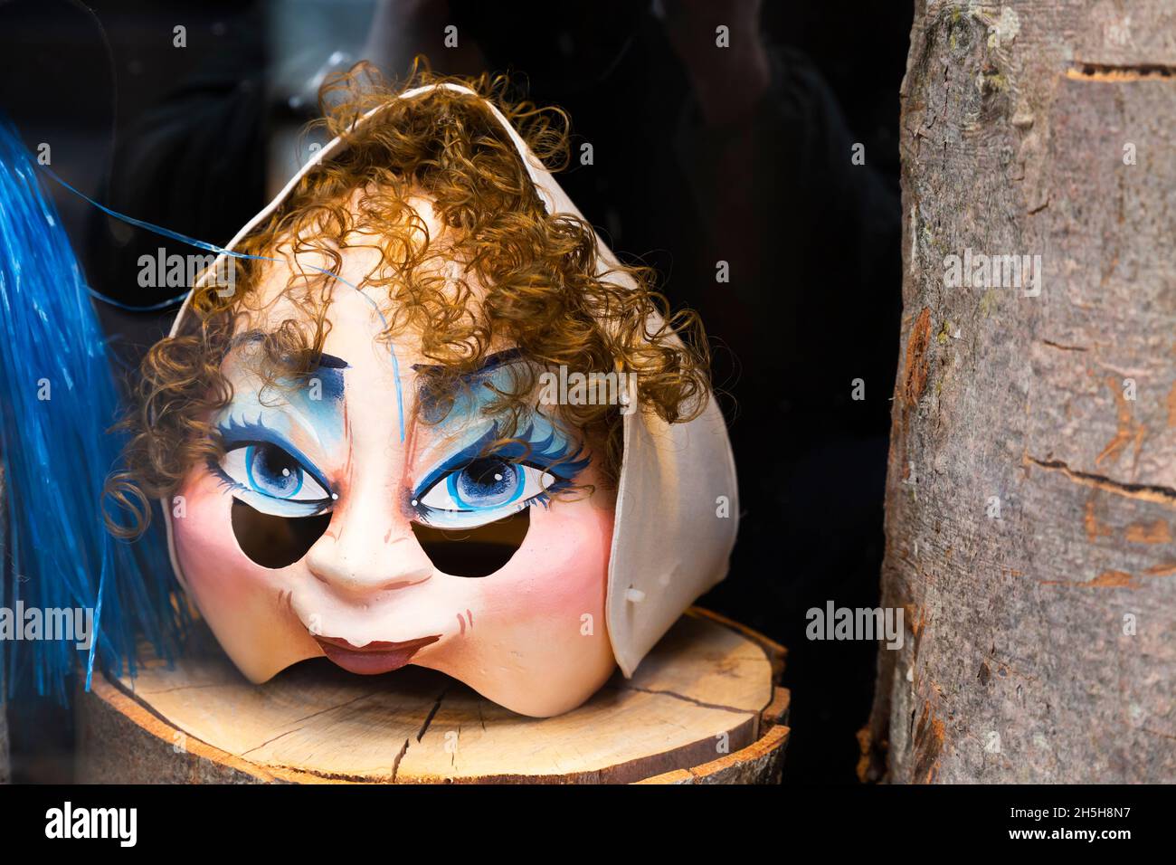 Basel, Switzerland - February 21. Close-up of a single carnival mask ...