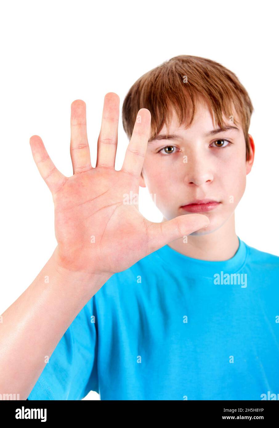Teenager show Stop hand gesture Focus on the Palm Stock Photo - Alamy