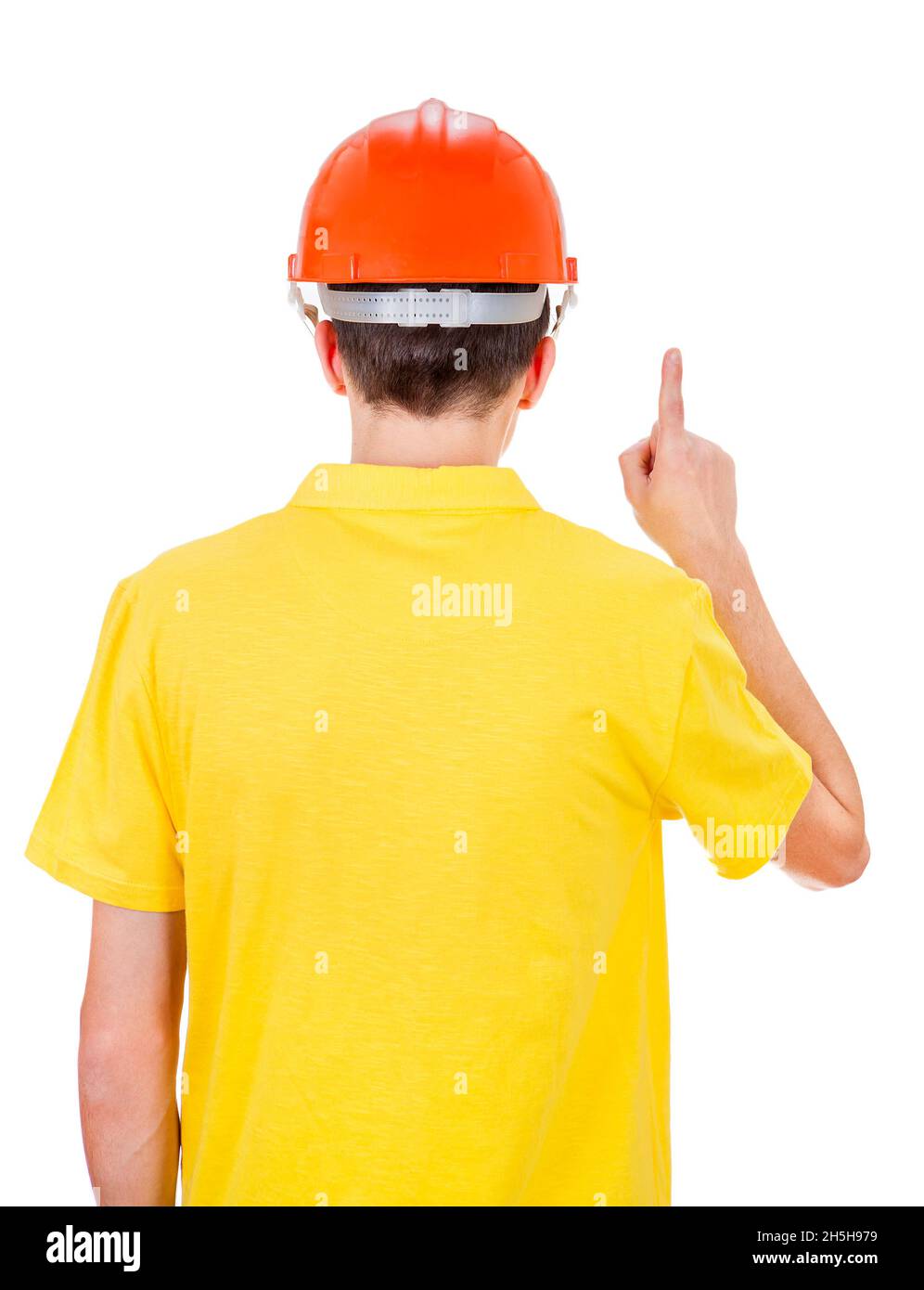 Man Rear View in Hard Hat with Finger Up Isolated on the White ...