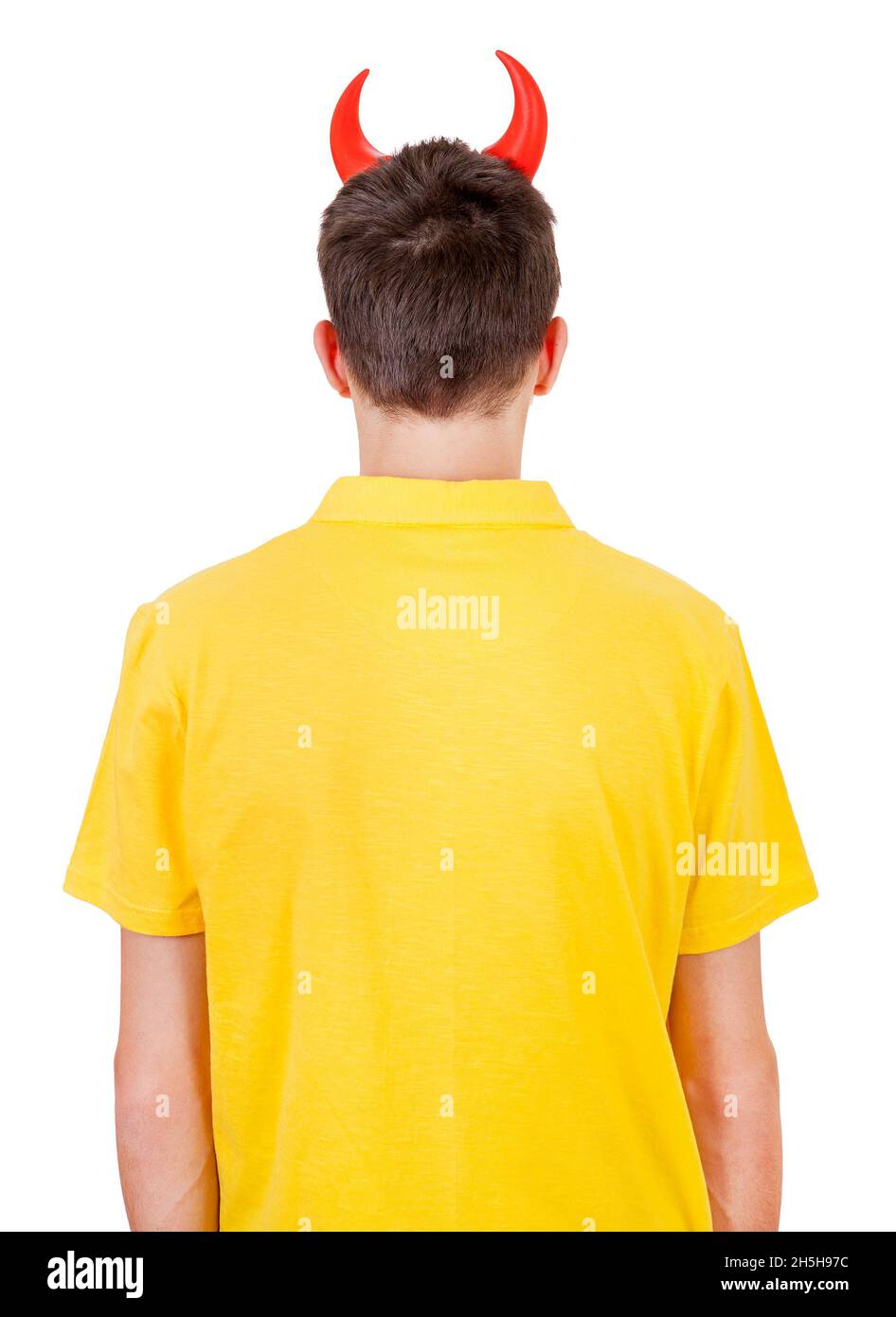 Rear View of a Man with Devil Horns Isolated on the White Background ...