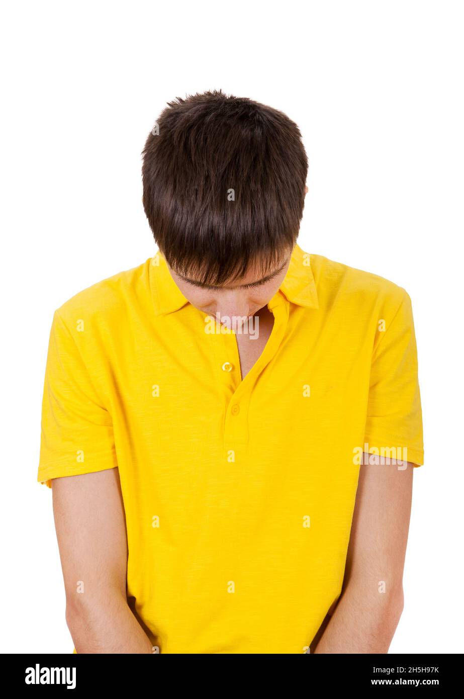 Portrait of Sad Teenager With Lowered Head on the White Background ...
