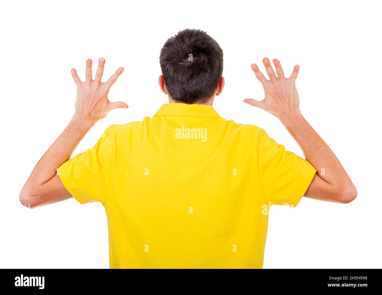 Rear View of the Man with Hands Up Isolated on the White Background ...