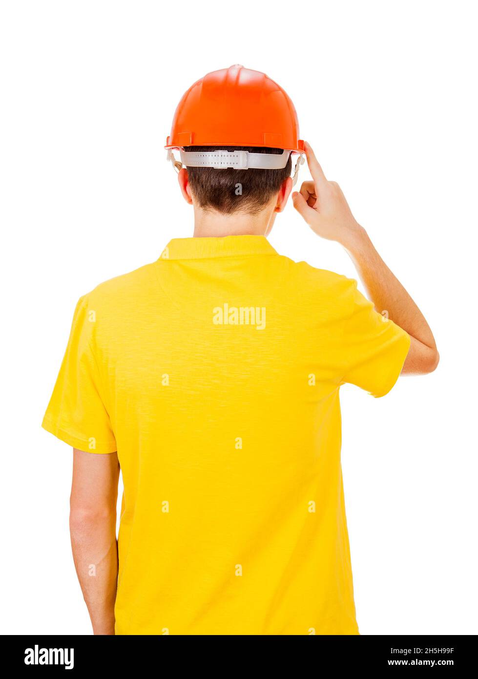 Man Rear View in Hard Hat with Finger Up Isolated on the White ...