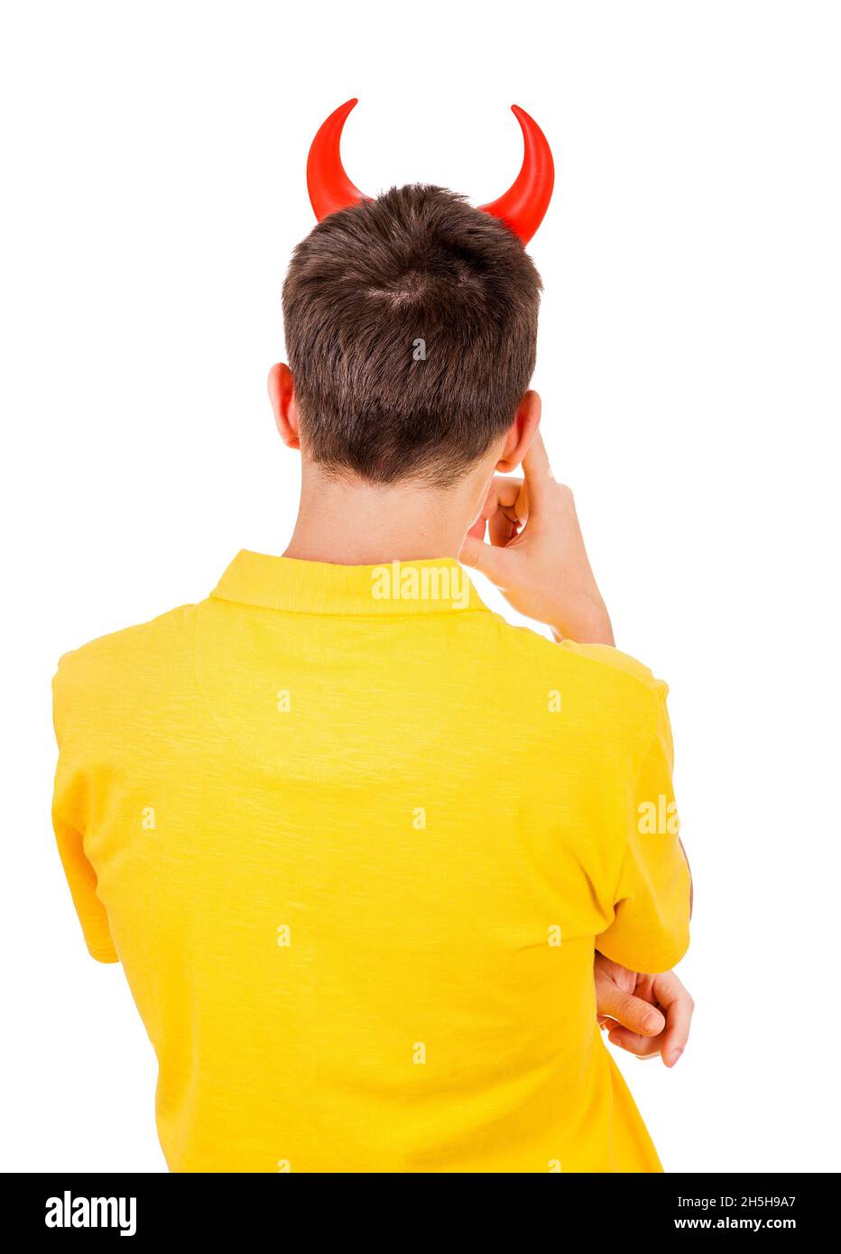 Rear View of a Man with Devil Horns Isolated on the White Background ...