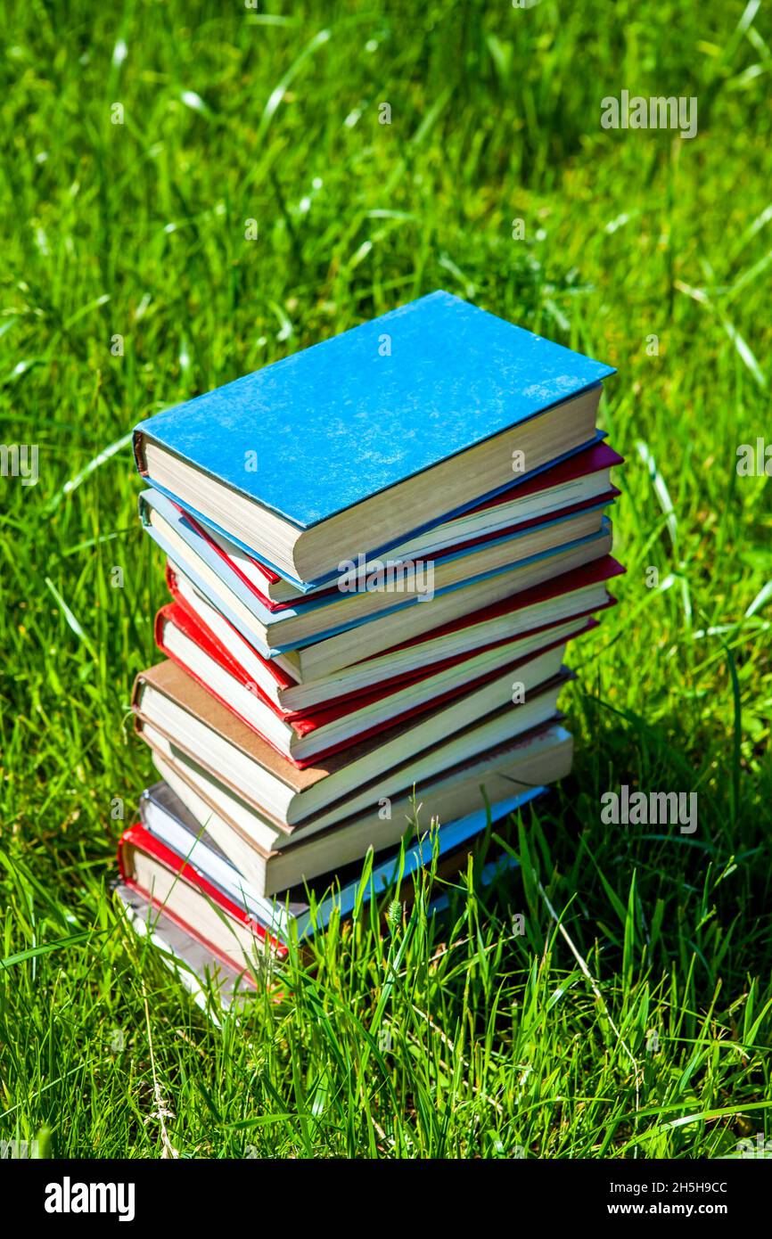 Pile of the Books with Blank Cover on the Grass Stock Photo - Alamy
