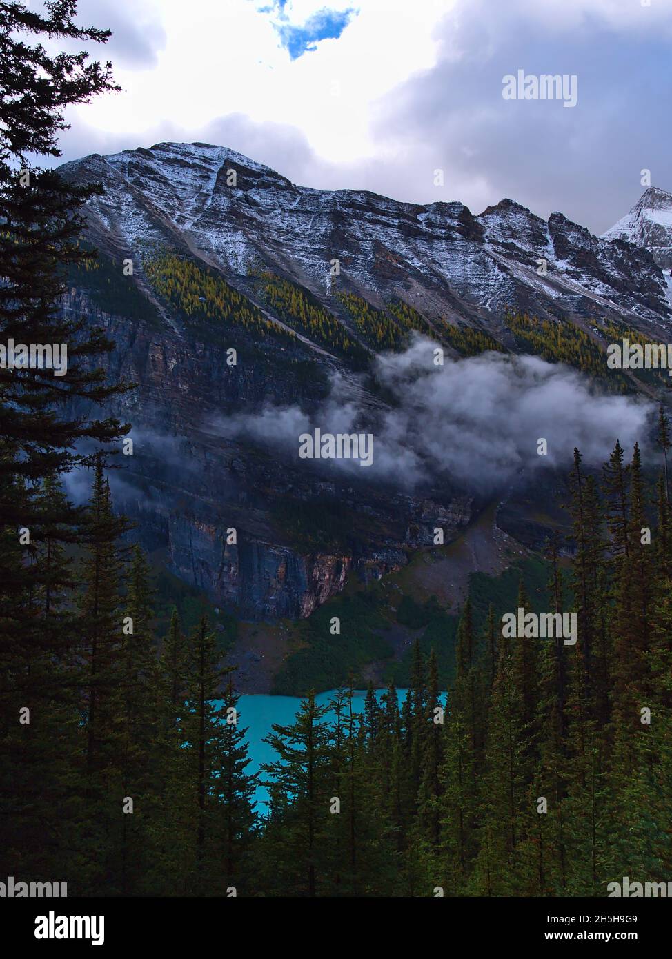 Beautiful portrait view of turquoise shimmering Lake Louise between ...