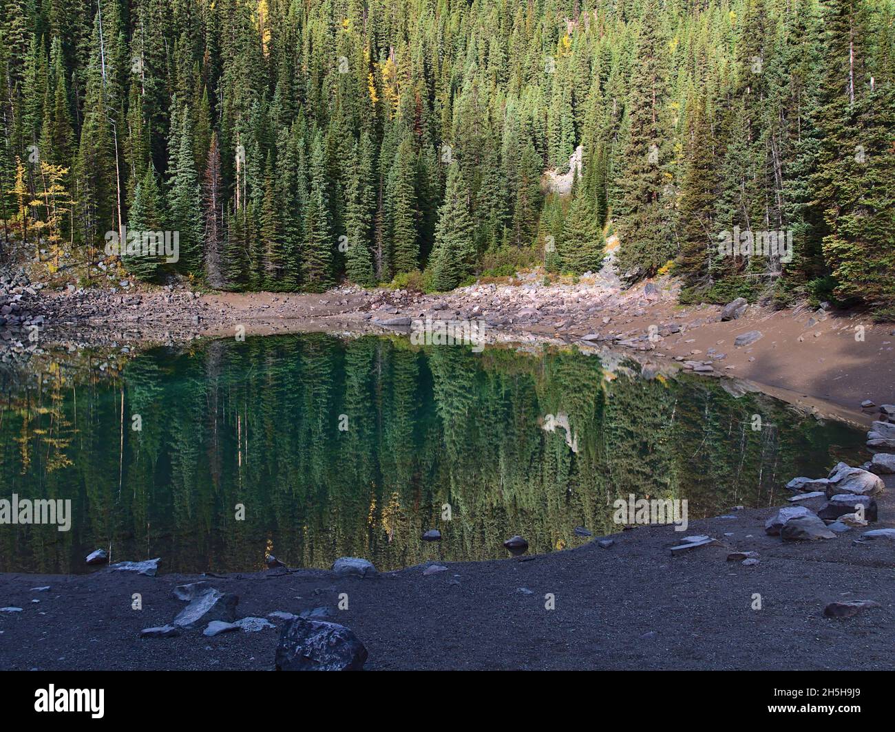 View of small Mirror Lake in the morning with trees reflected in the ...