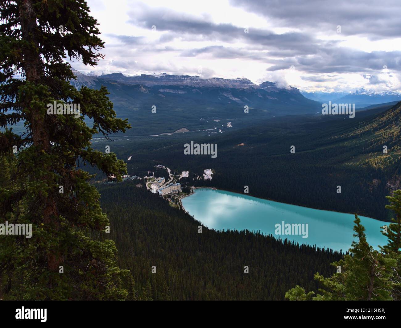 Aerial panoramic view of Lake Louise with famous hotel, Bow Valley and ...