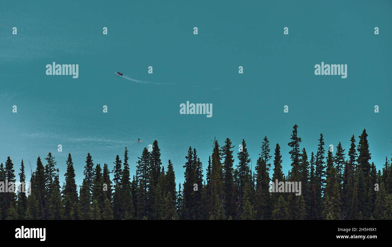 Aerial view of Lake Louise with turquoise colored water and canoeing ...