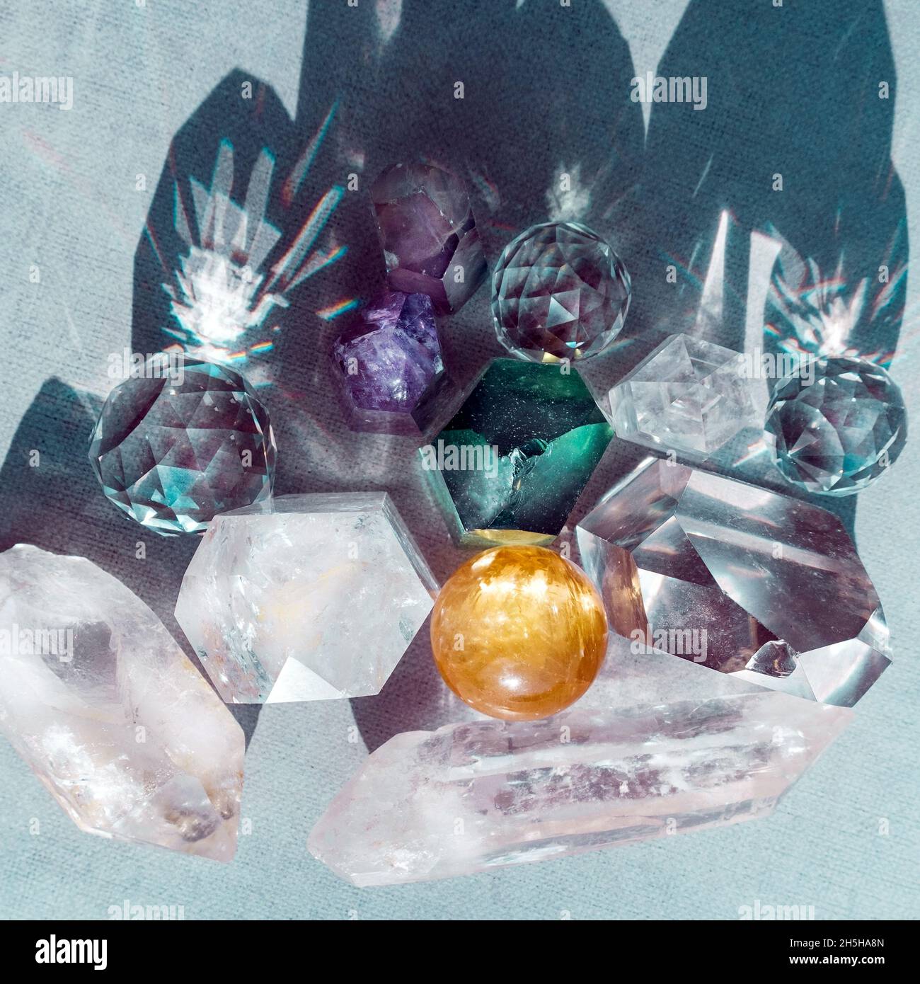 Flat lay of various beautiful shiny crystals. Healing crystals ...