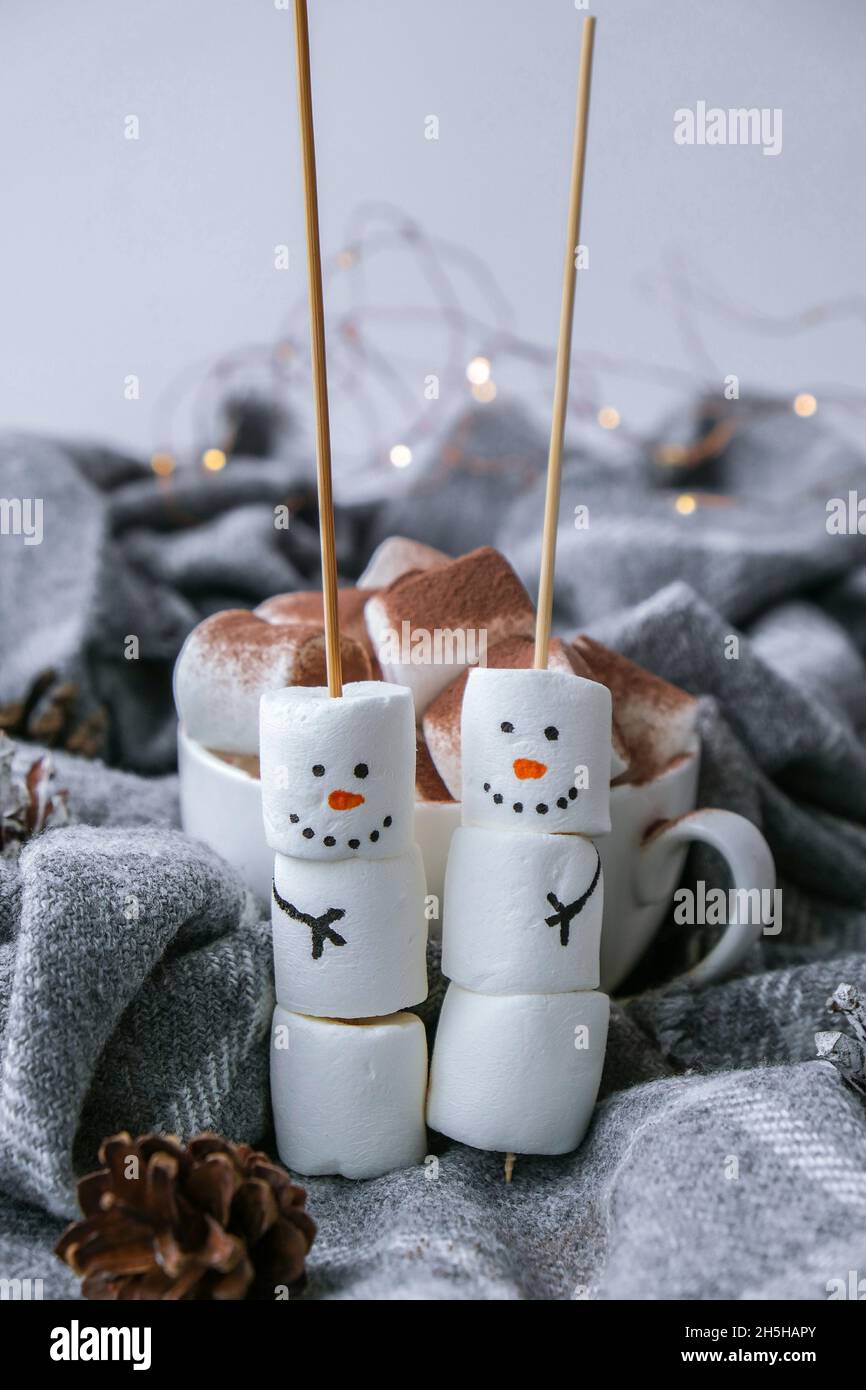 Two happy funny marshmallow snowmen. Marshmallow friends. Diy. Sweet ...