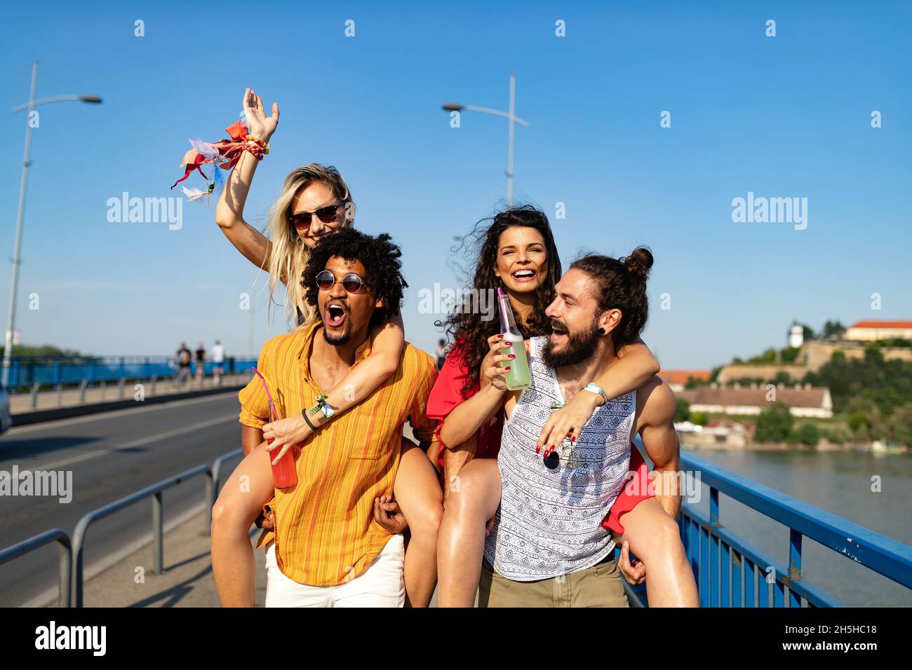 Group of friends having fun, traveling, smiling together outdoors Stock ...