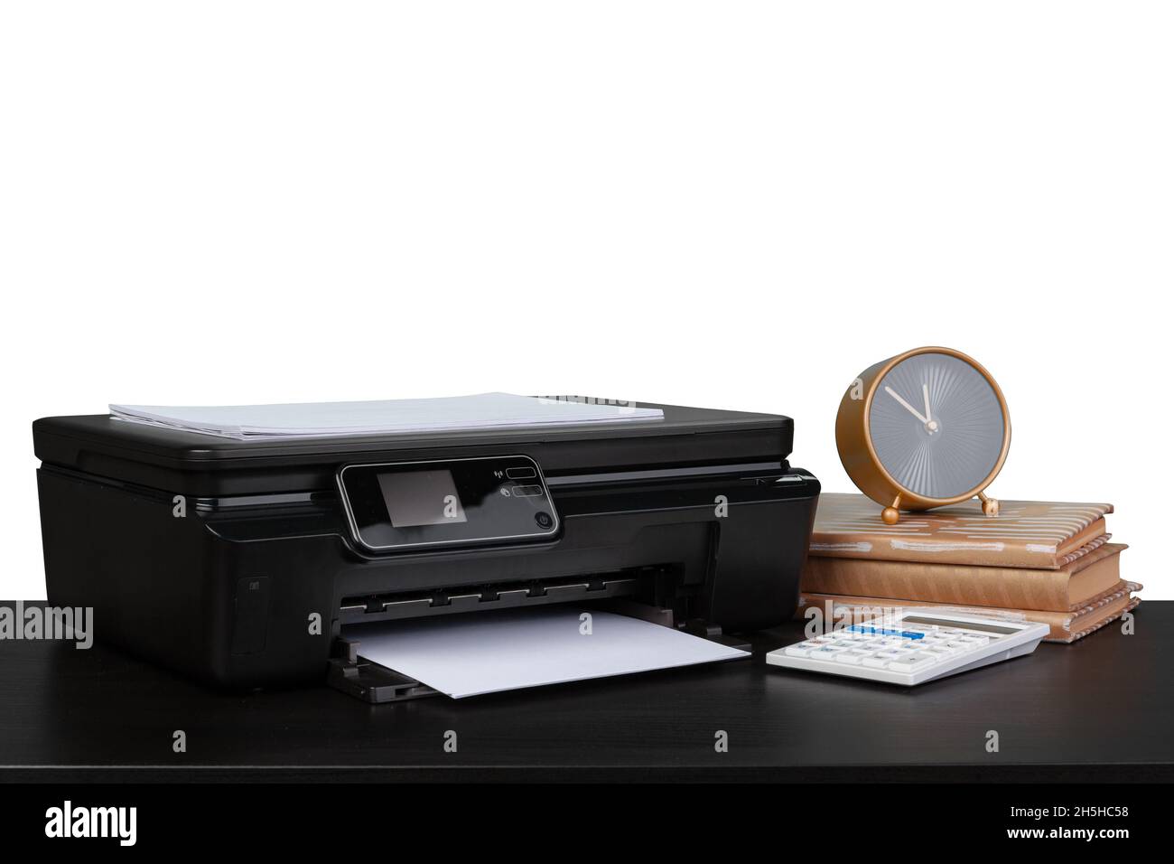 Office table with laser printer and books against white background ...