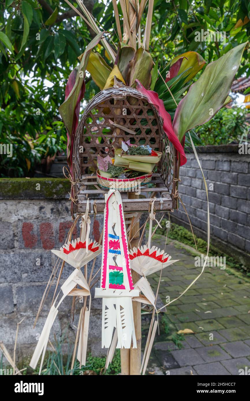 Balinese Hindu weaved altar decoration lamak and gantung-gantungan for ...