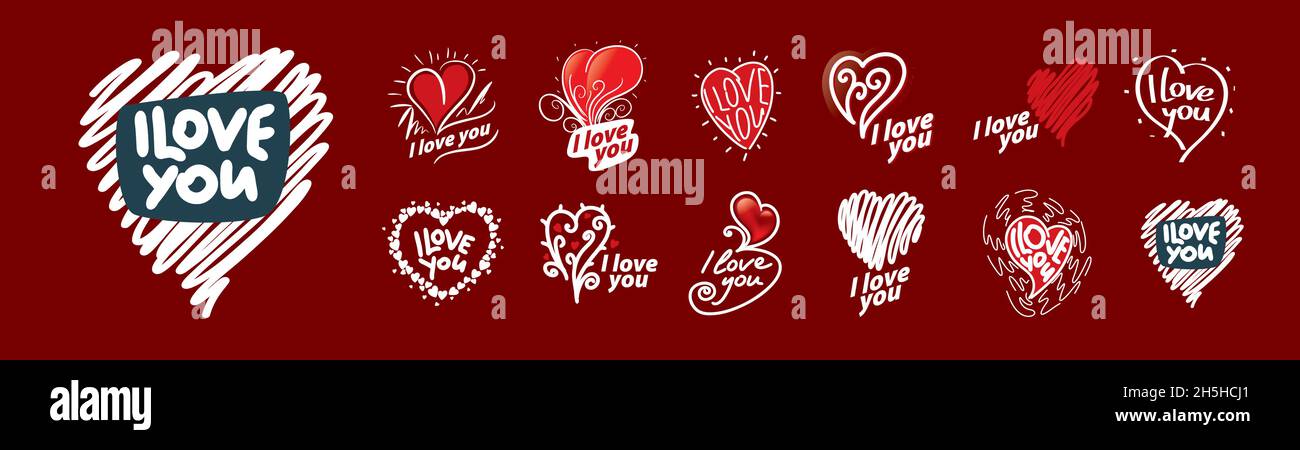 A set of vector logos with red hearts on a red background Stock Vector ...