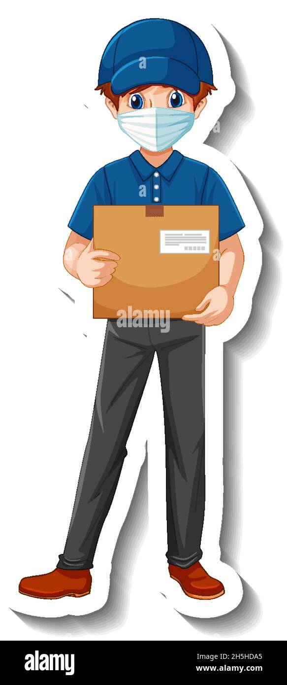 A sticker template with delivery man in uniform holding boxes ...