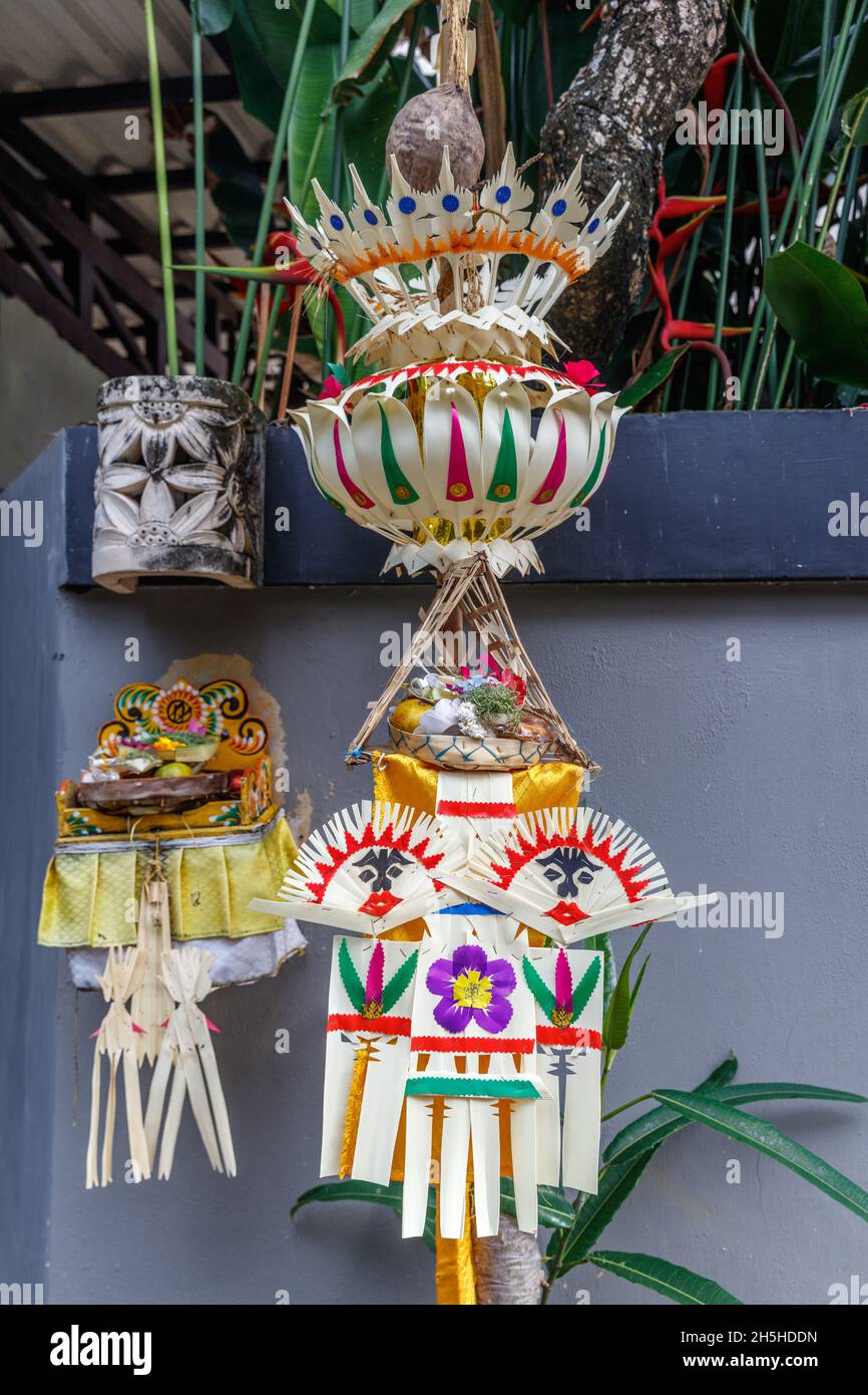 Balinese Hindu weaved altar decoration lamak and gantung-gantungan for ...