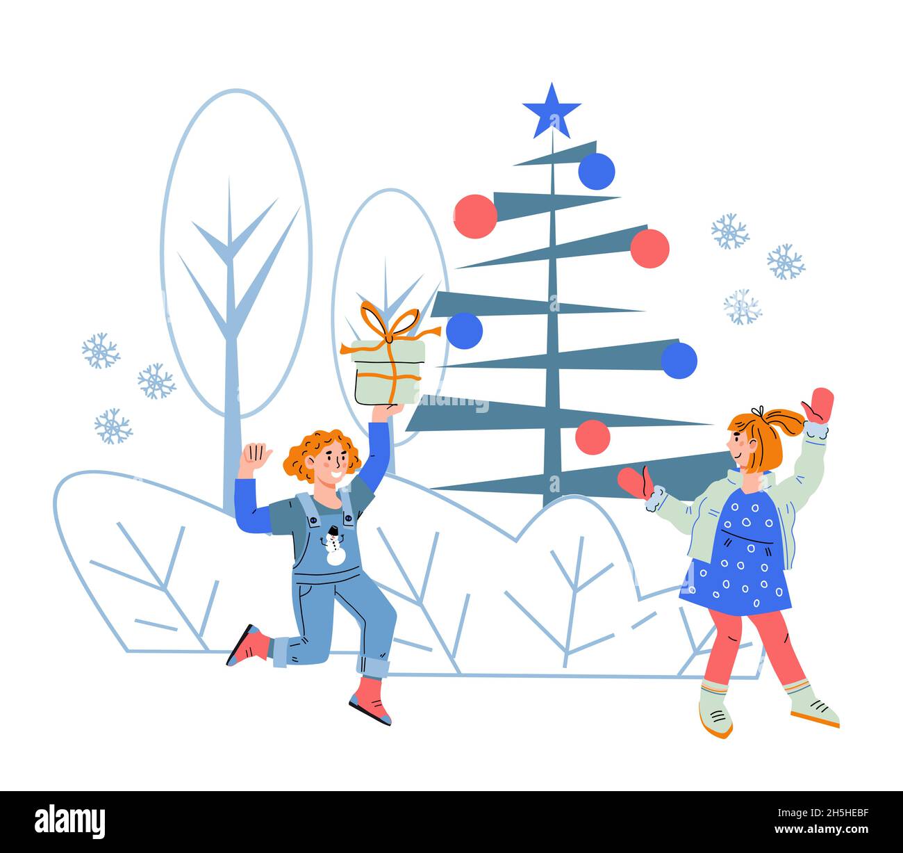 Kids near Christmas tree with gifts, flat cartoon vector illustration ...