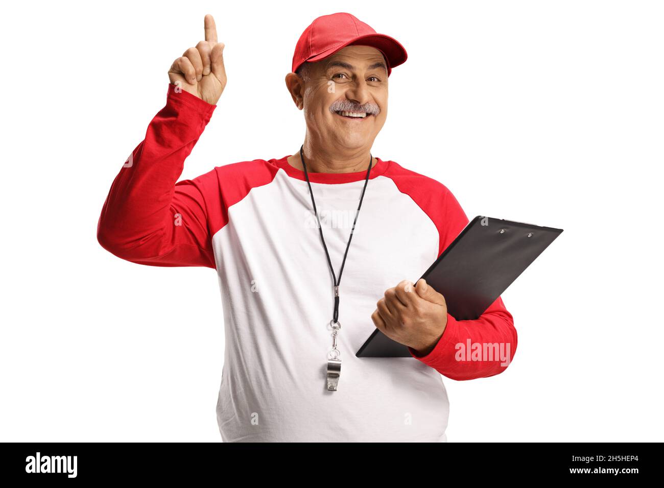Mature baseball coach with a wistle and a clipboard pointing up ...
