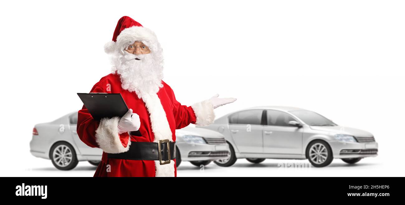 Santa claus pointing at new silver cars and holding a clipboard ...