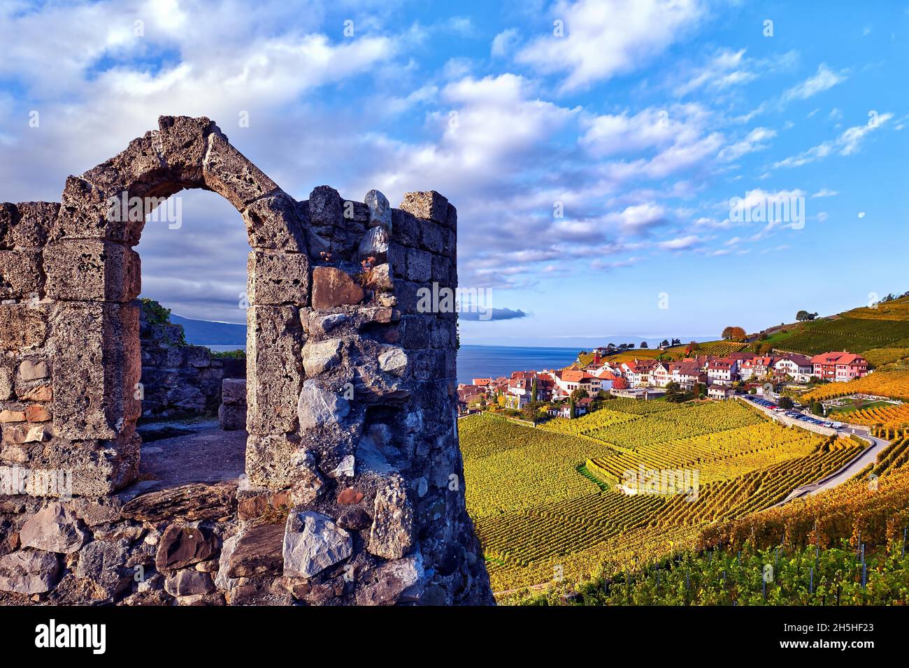 Village view of Rivaz with autumn-coloured vineyards, Lavaux UNESCO ...