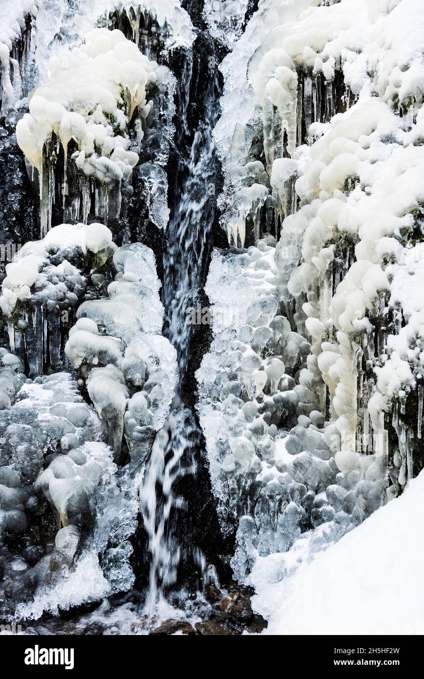 Waterfall with snow and ice, Ravennaschlucht, winter, near Hinterzarten ...