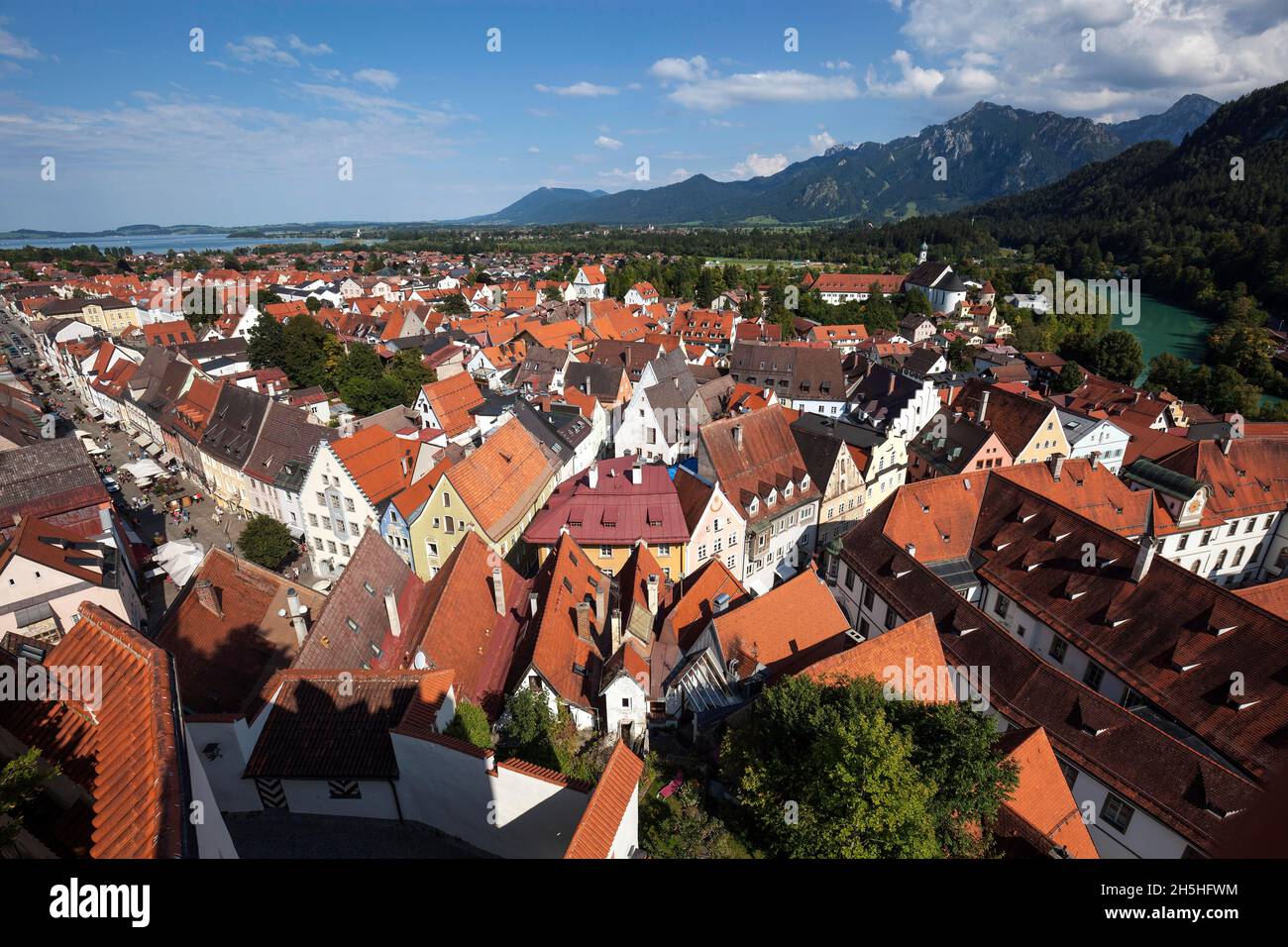 View of the old town of Fuessen from the Hohes Schloss, Ostallgaeu ...