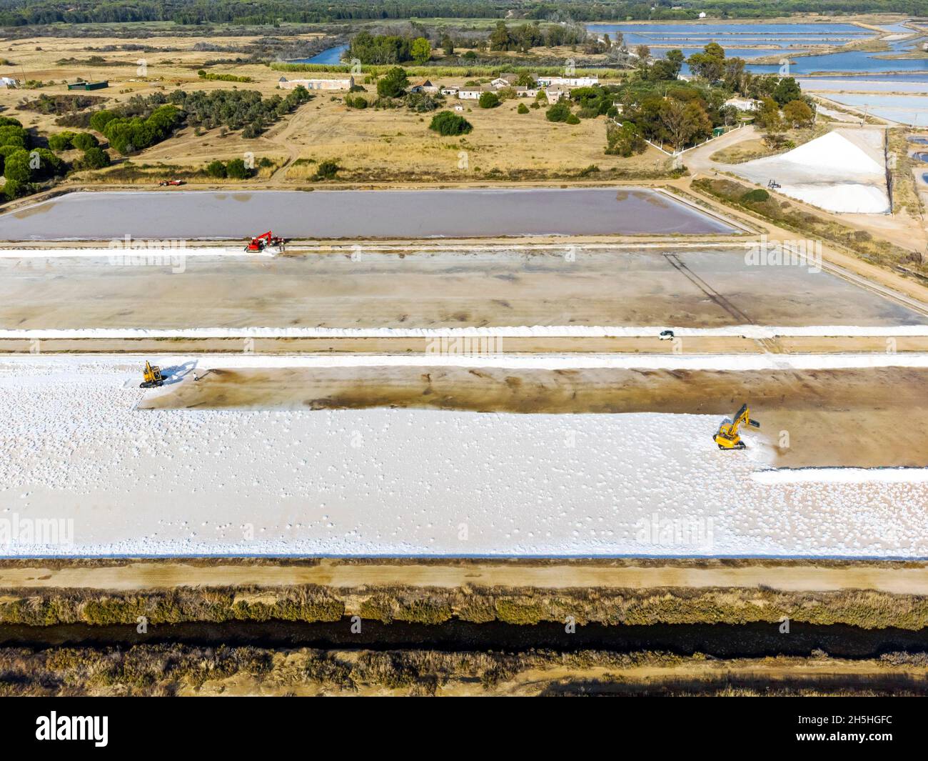 Aerial view of sea salt extraction at the salines in Faro, Portugal ...