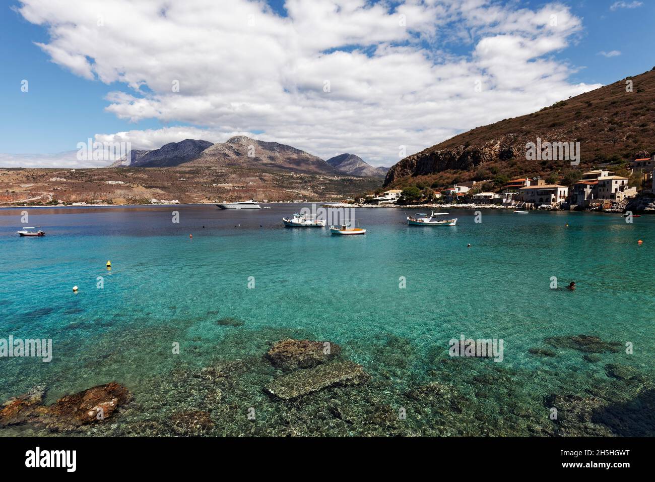 Limeni Bay and Limeni village, crystal clear water, Mani Peninsula ...