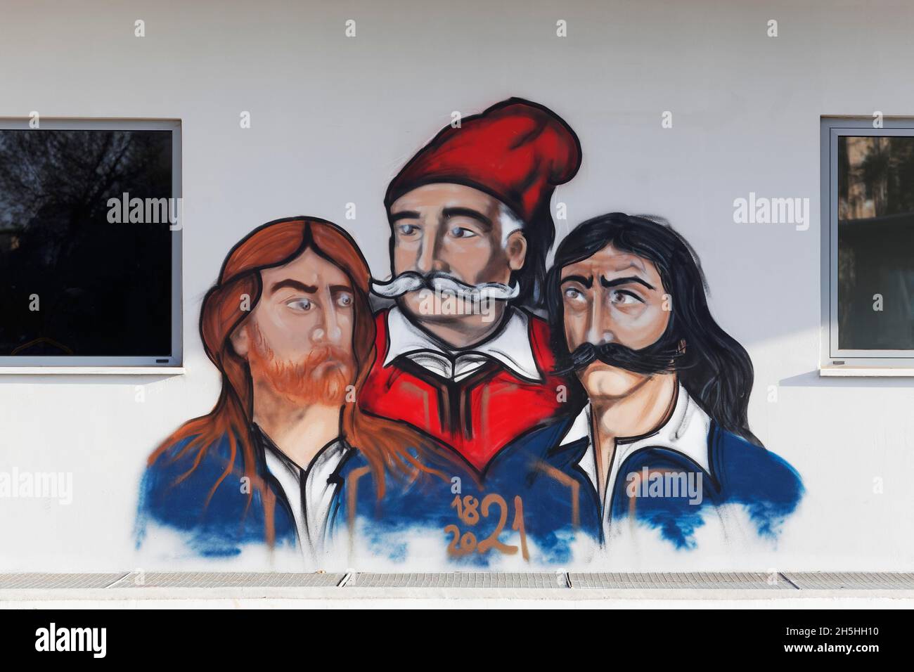 Three bearded freedom fighters, modern mural commemorating the Greek ...