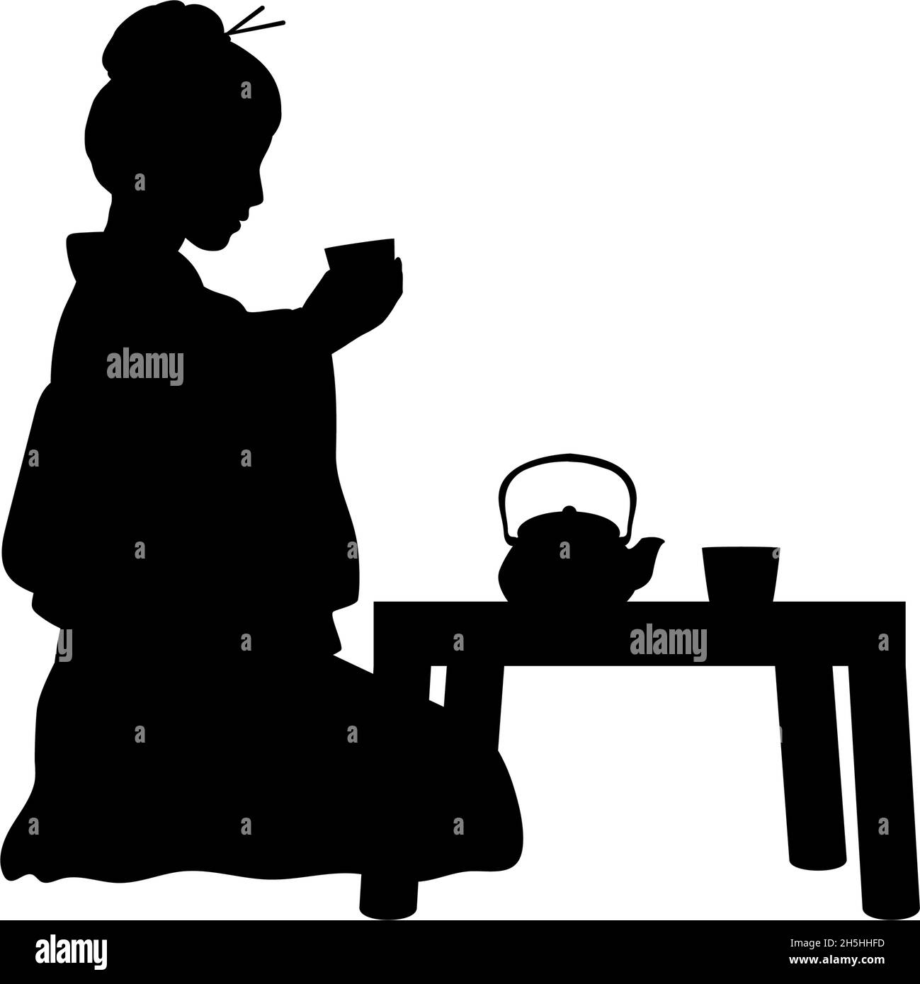 Silhouette oriental woman drinking tea. Asian traditions and culture ...