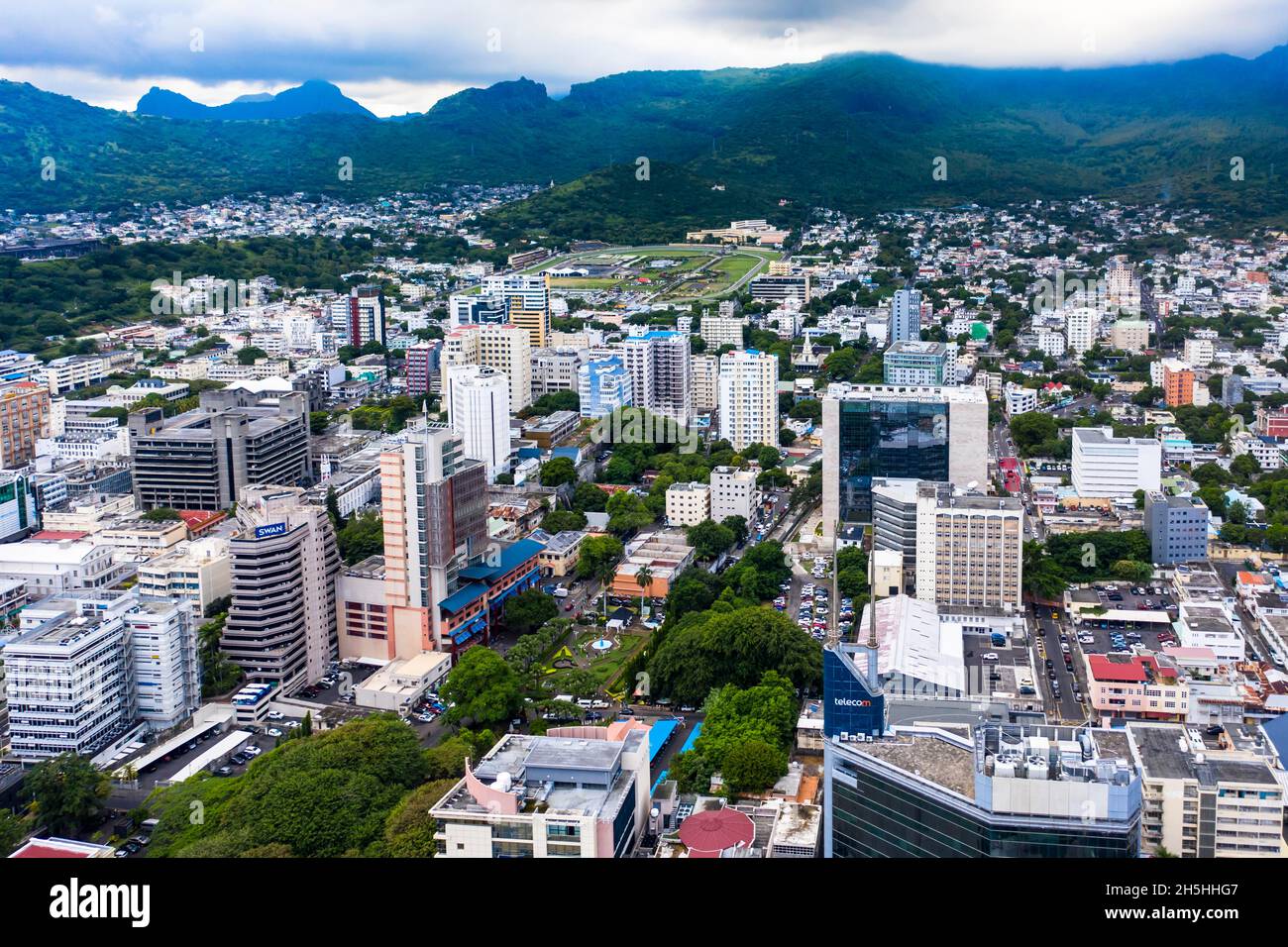 Aerial view, city view Port Louis with harbour, old town and financial ...