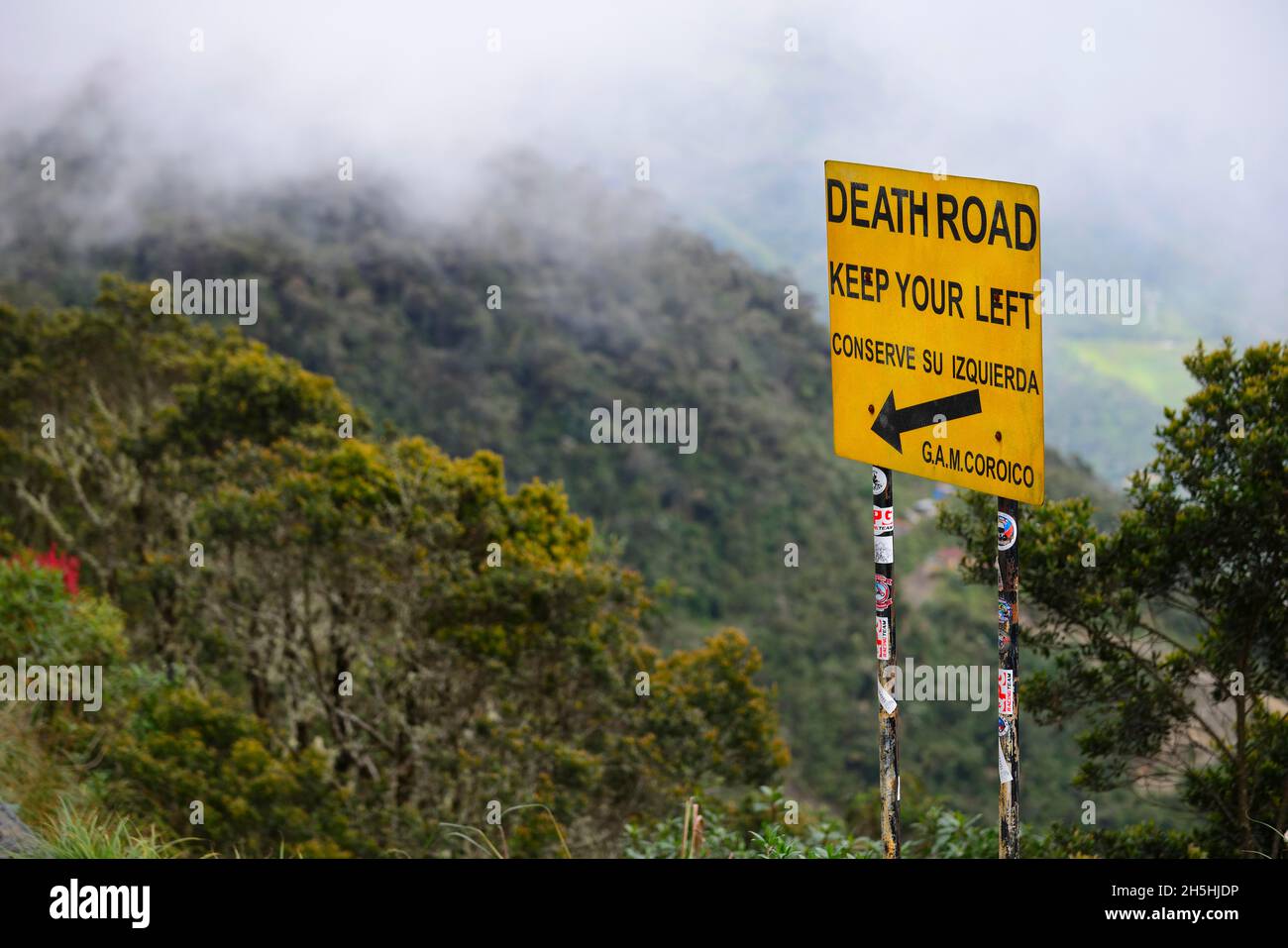 Left-hand traffic sign on the road of death, Camino de la Muerte, La ...