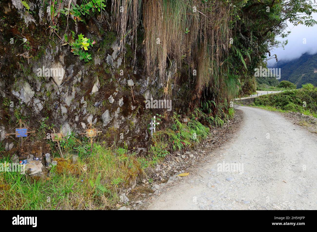 Crosses at a Death Road accident site, Camino de la Muerte, La Paz ...