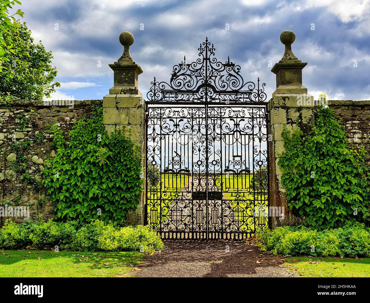 Ornate wrought iron garden gate, Dunrobin Castle, Golspie, Sutherland ...