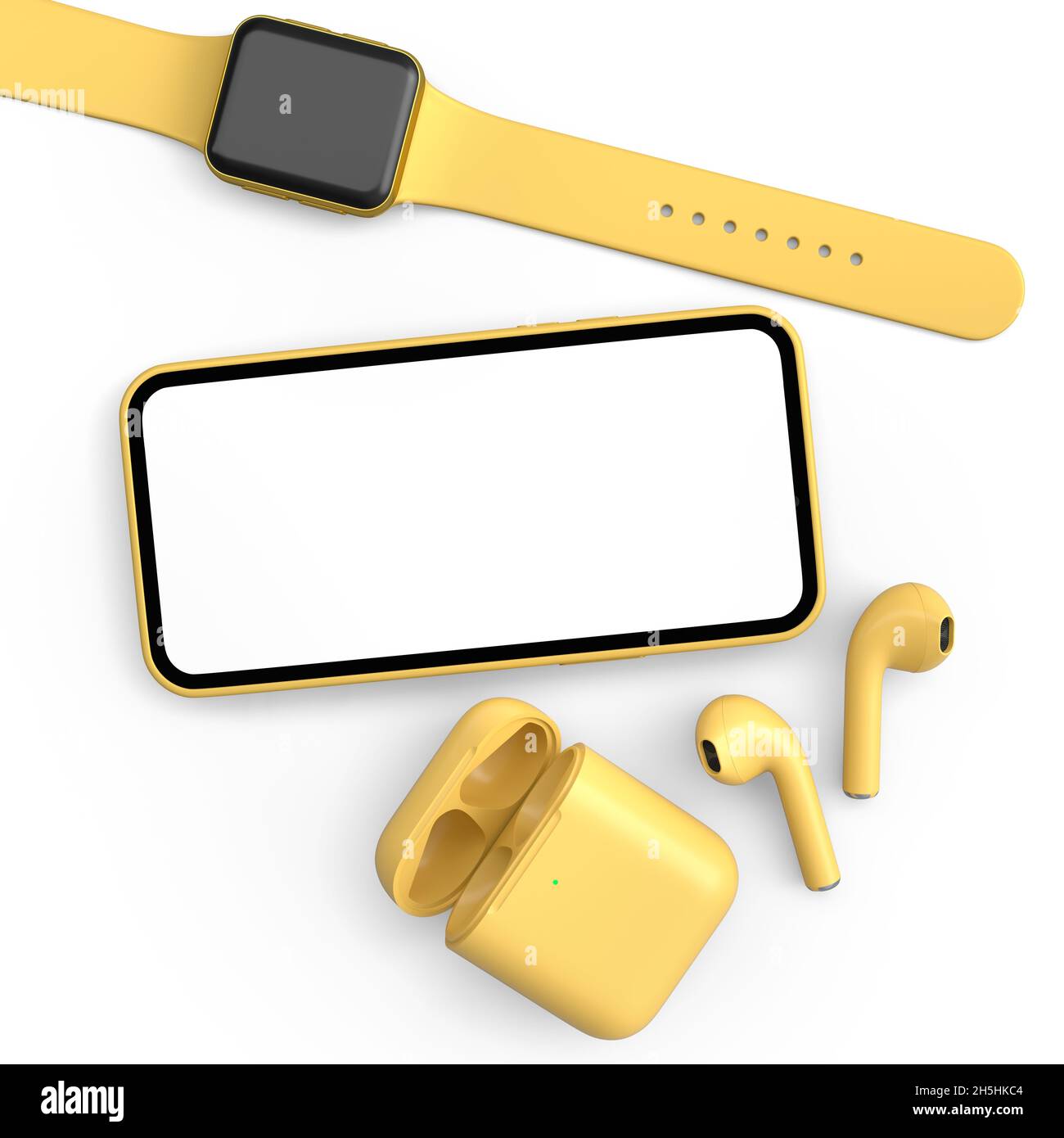 Mobile phone with smart watches and wireless headphones on white ...