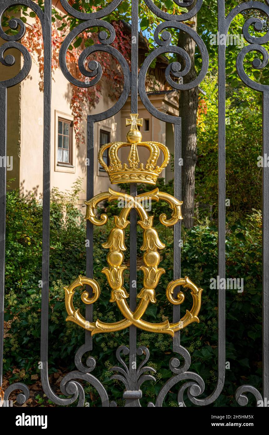 The palace park in Glienicke with Lion's Gate, monastery, palace and ...