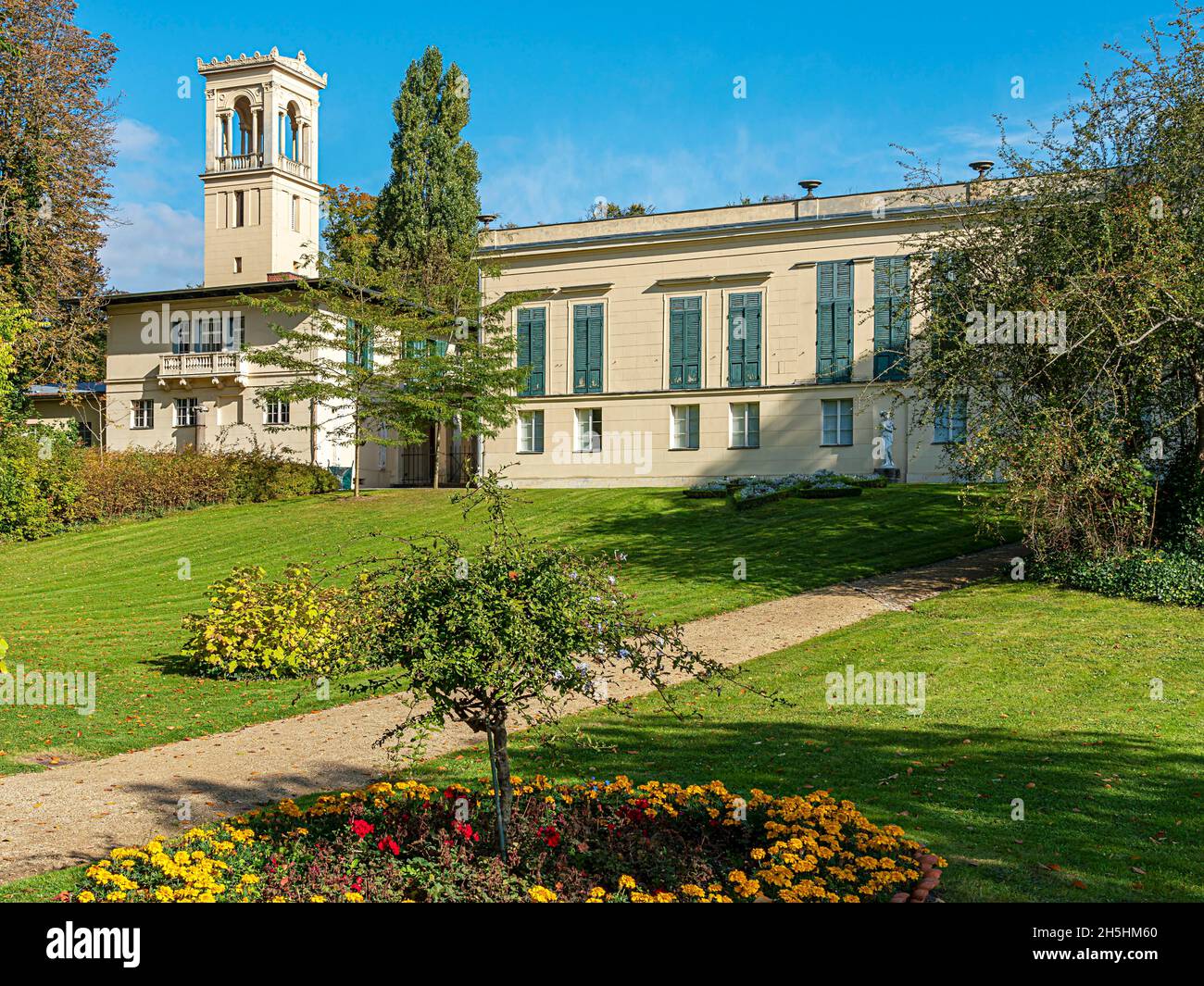 The palace park in Glienicke with Lion's Gate, monastery, palace and ...