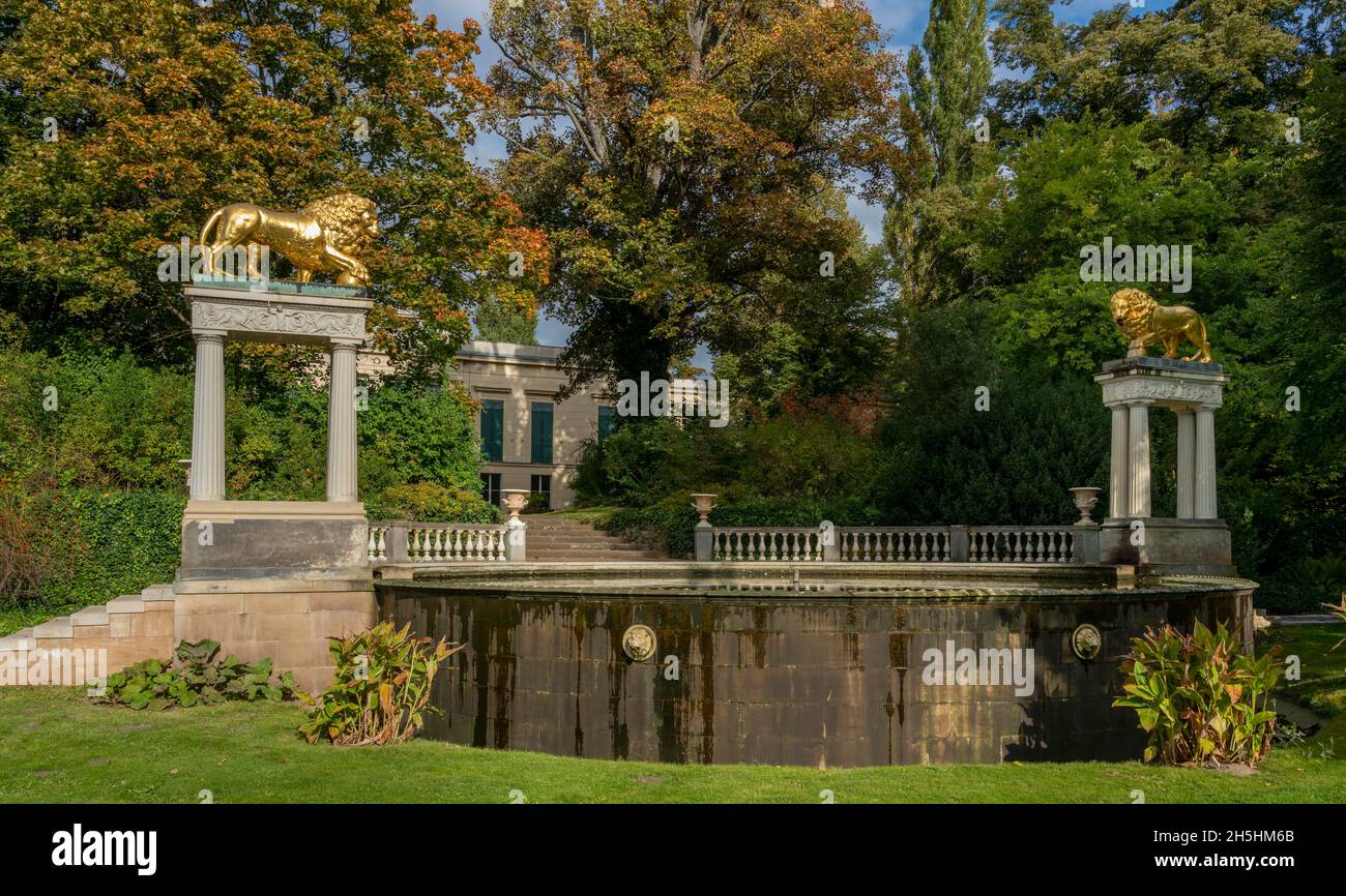 The palace park in Glienicke with Lion's Gate, monastery, palace and ...
