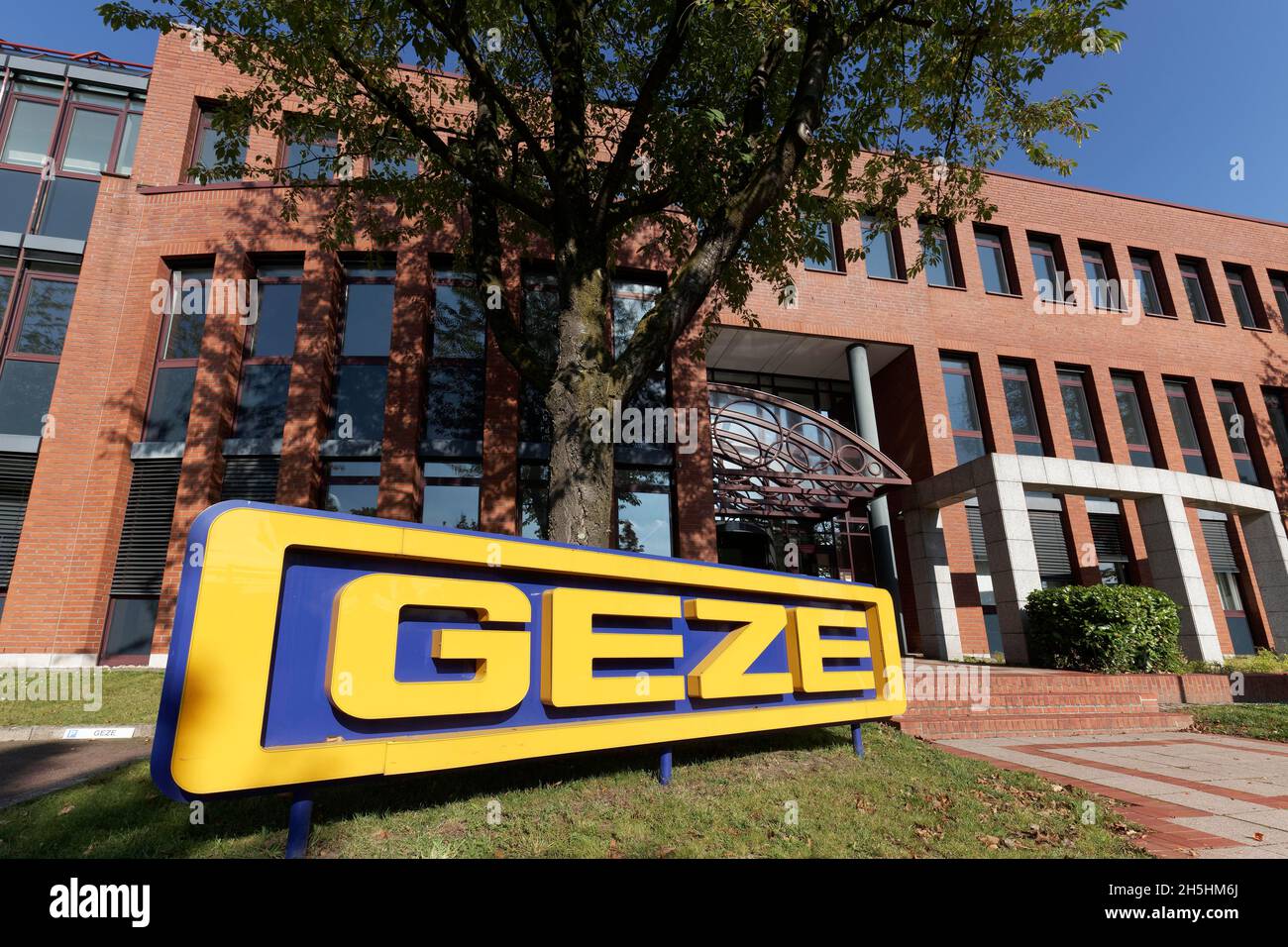GEZE, logo in front of the building, manufacturer of locking and safety ...