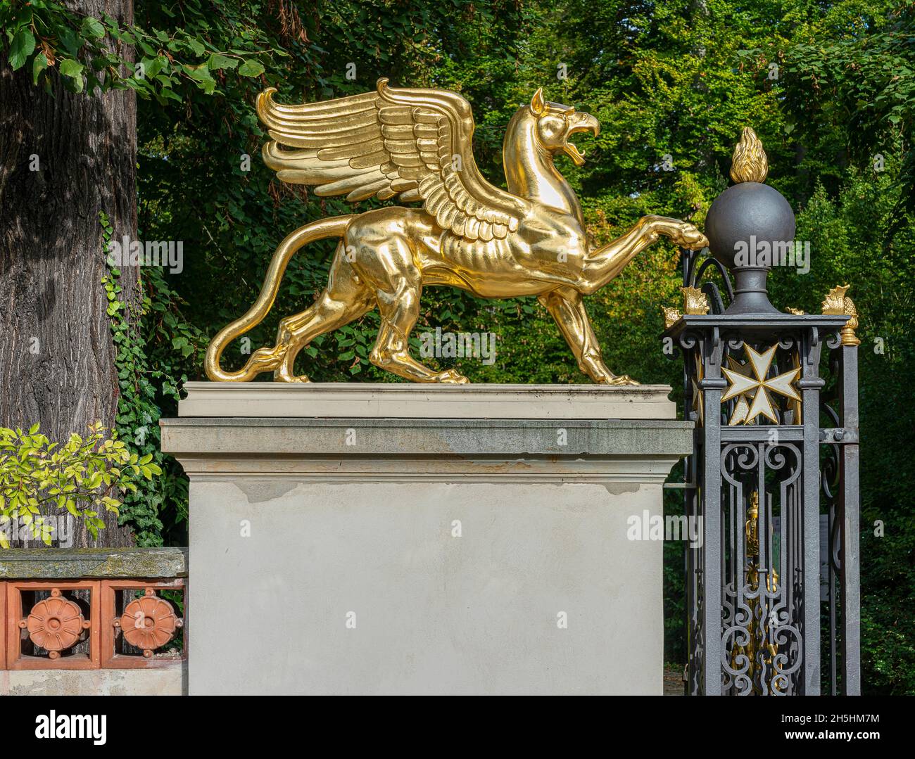 The palace park in Glienicke with Lion's Gate, monastery, palace and ...
