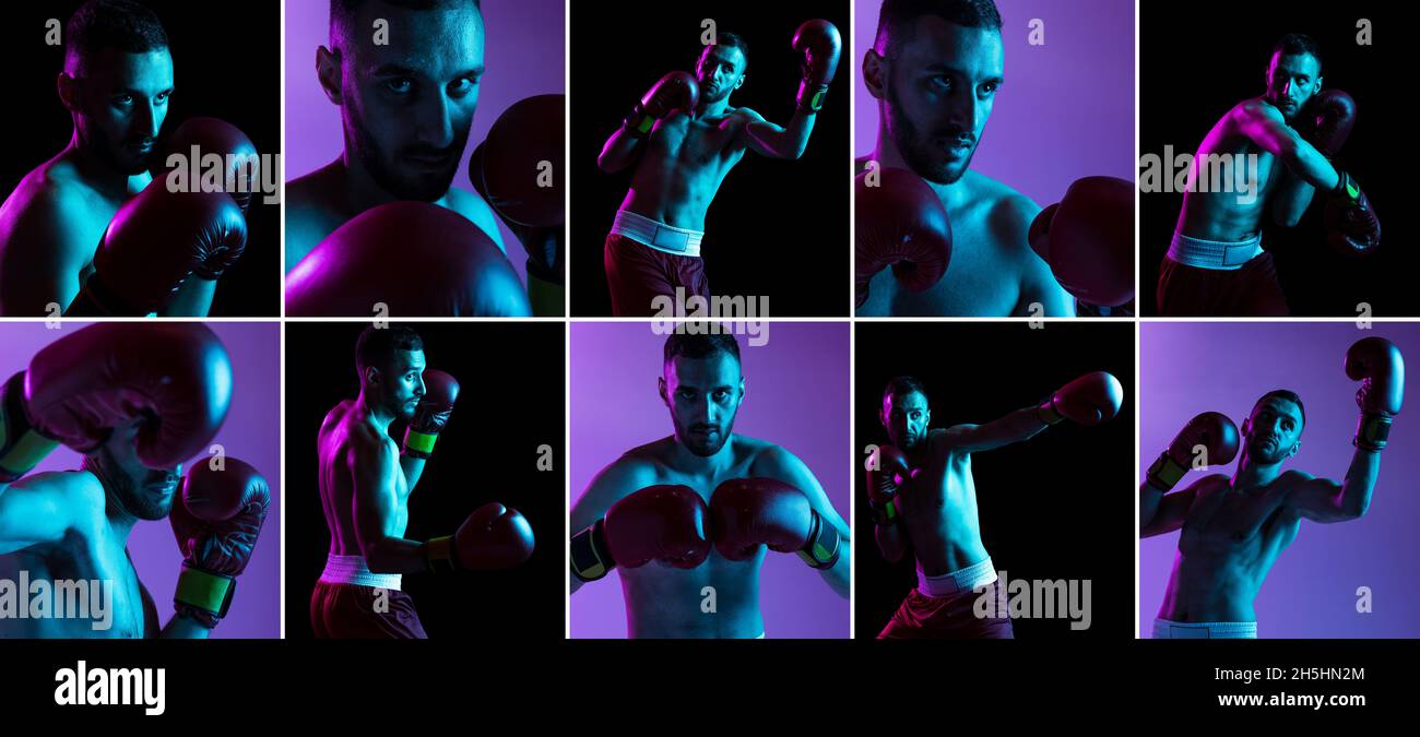 Collage of portraits of professional male boxer training isolated over ...