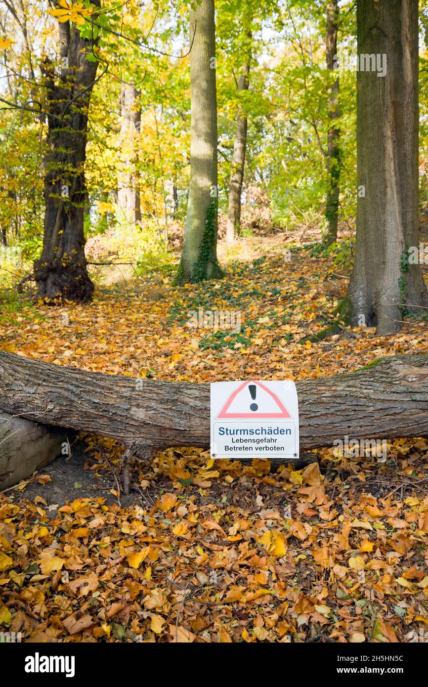 Warning sign storm damage, danger to life, do not enter, Berlin ...