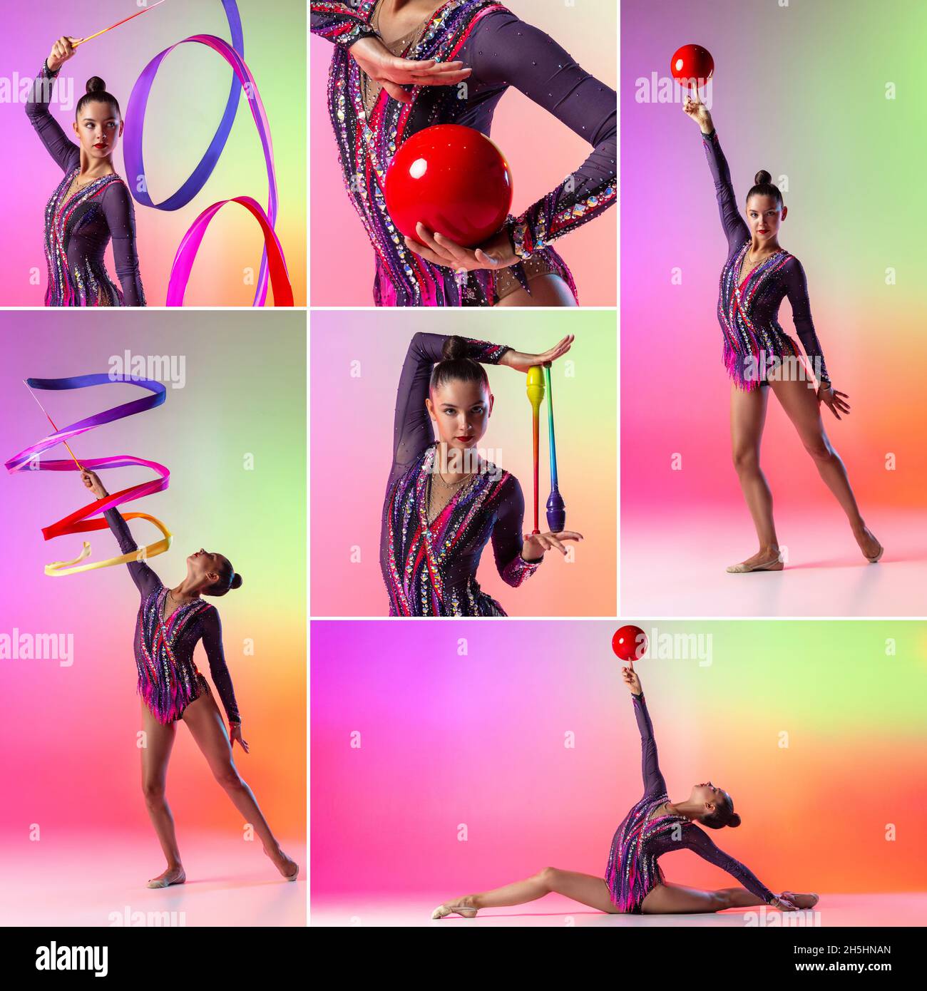 Collage of portraits female rhythmic gymnast in motion with bright ...