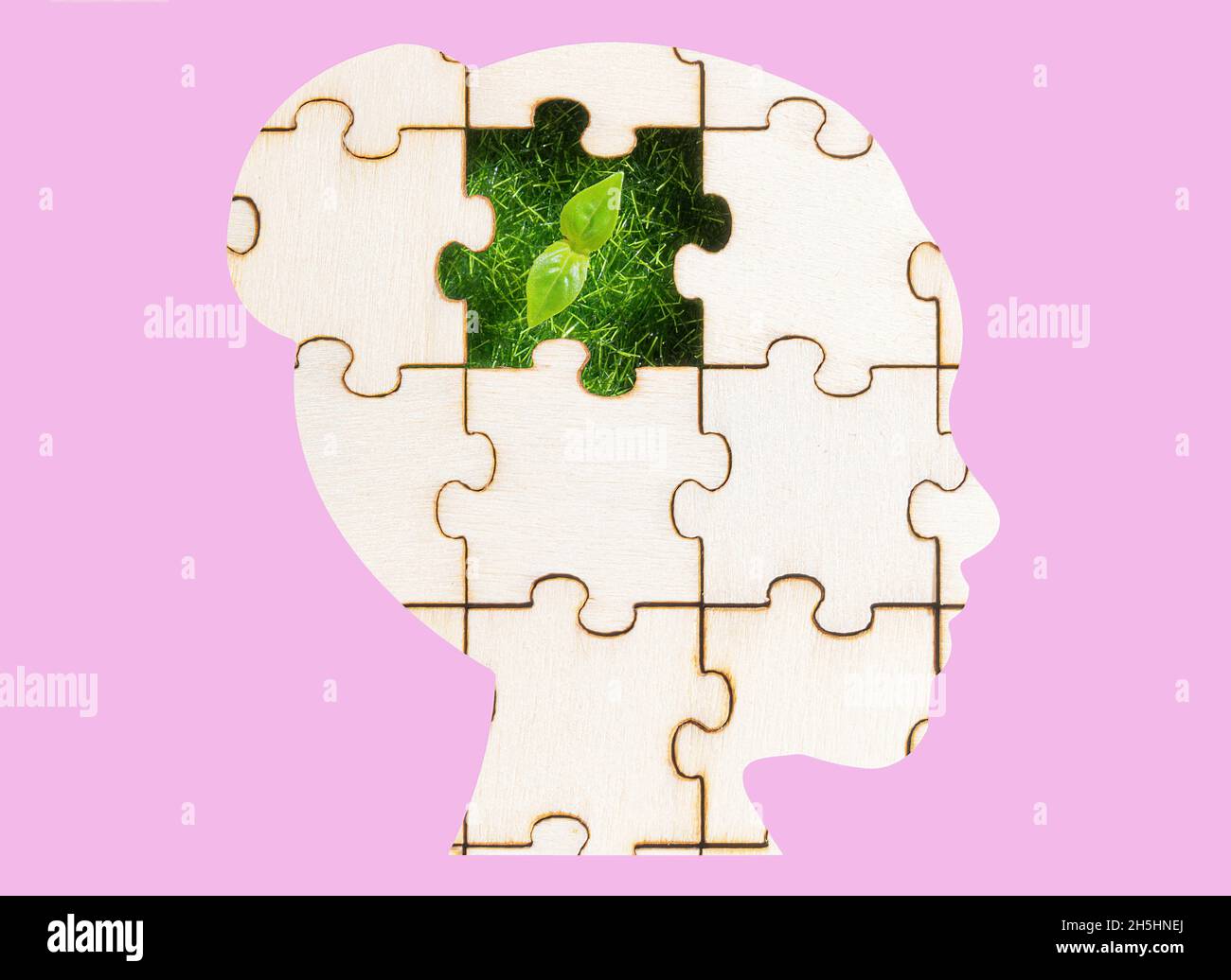 Woman's head profile shaped jigsaw puzzle with a green sprout visible ...