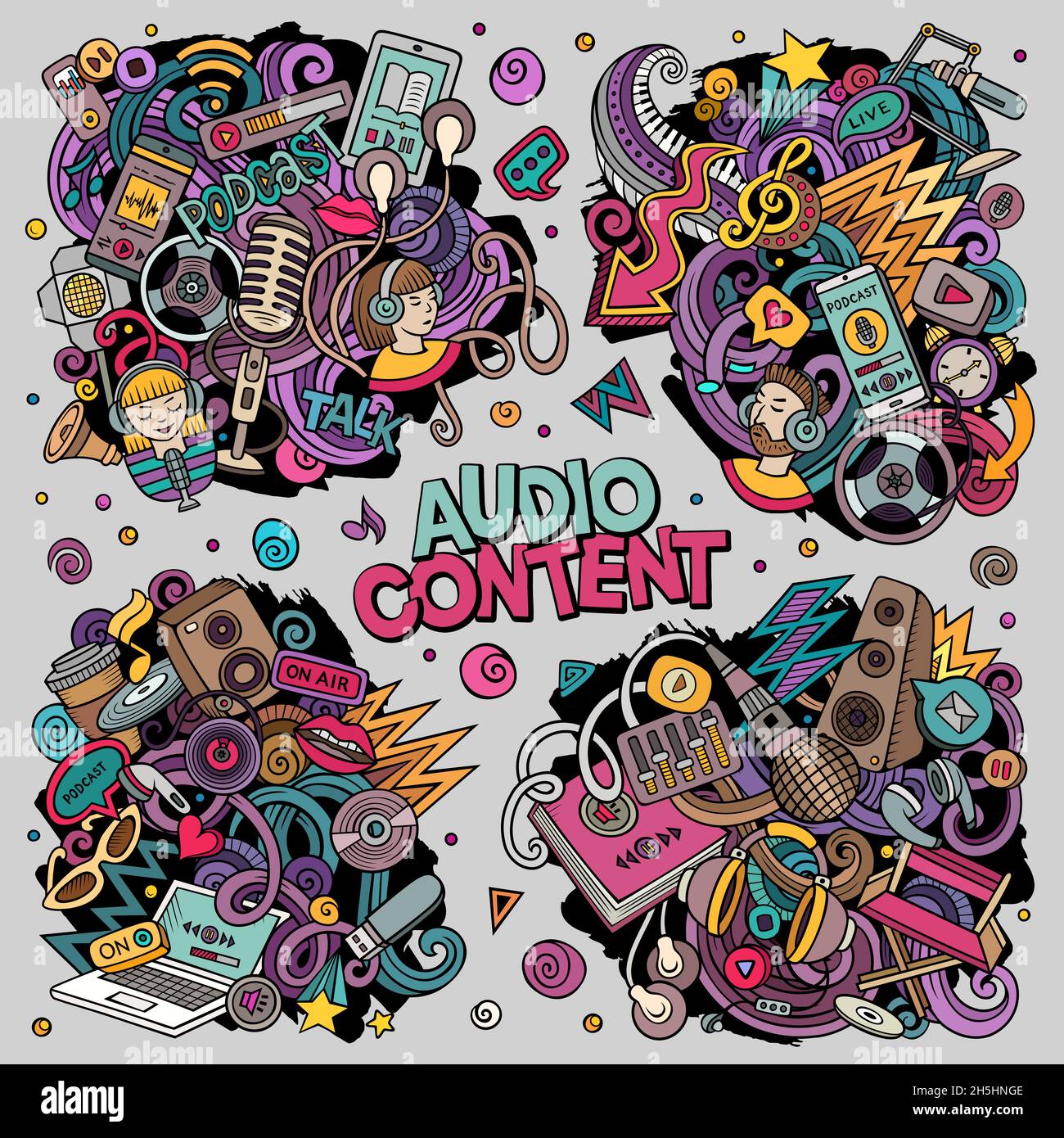 Audio content cartoon vector doodle designs set. Colorful detailed ...