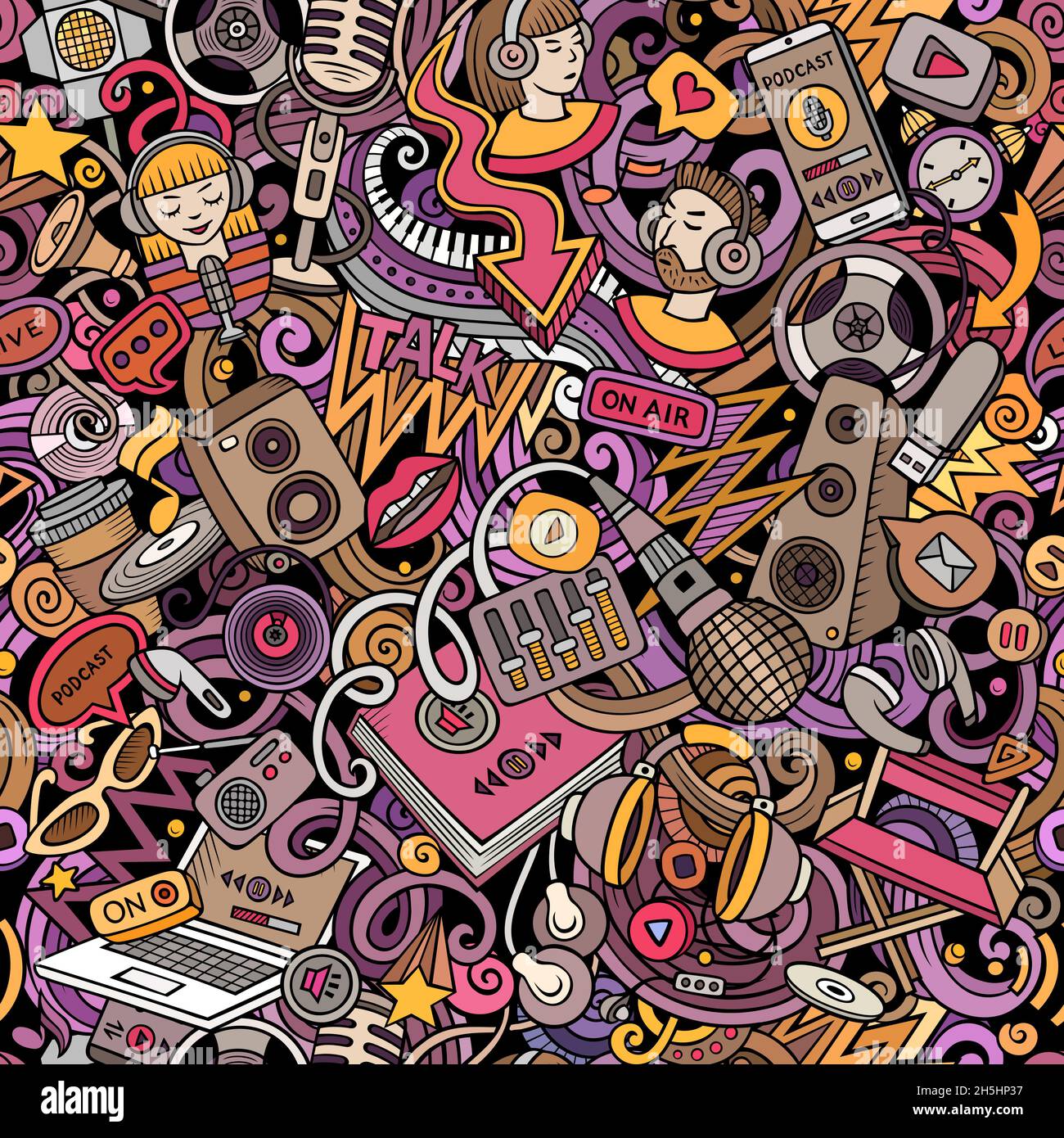 Cartoon doodles Audio content seamless pattern. Backdrop with podcasts ...
