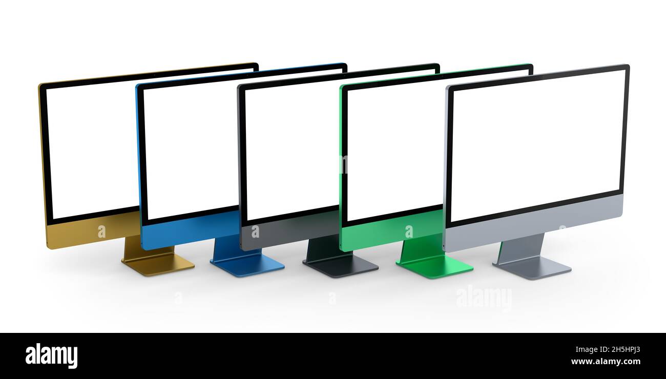 Set of desktop computers with blank screen display isolated on white ...